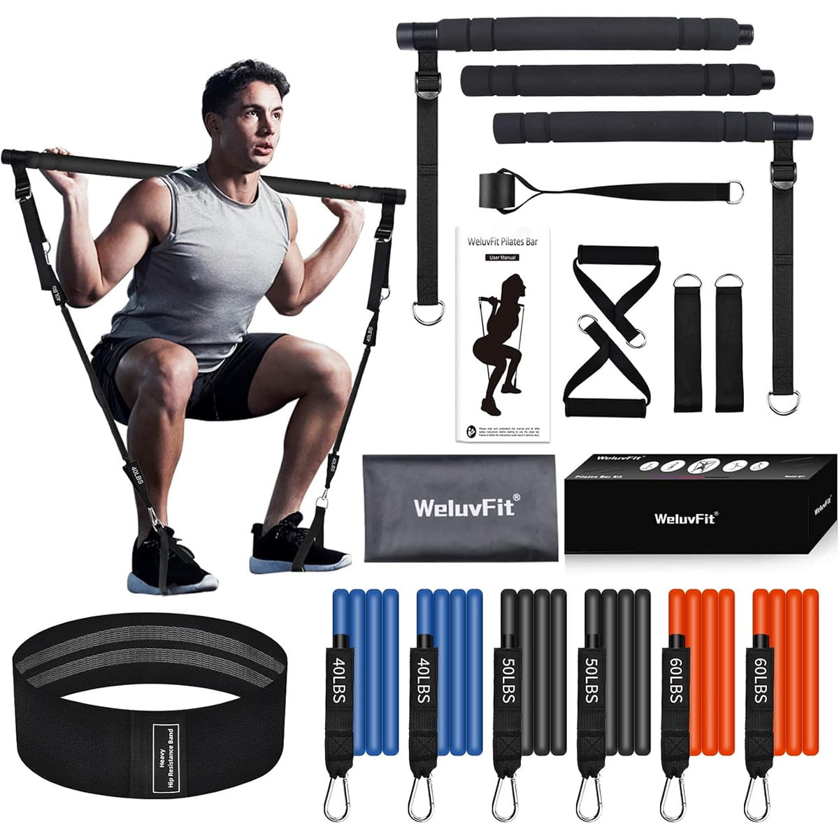 WeluvFit Pilates Bar Kit with Resistance Bands (40+50+60), Exercise ...