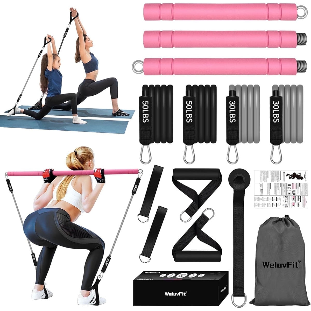 WeluvFit Pilates Bar Kit with Resistance Bands, Exercise Fitness ...
