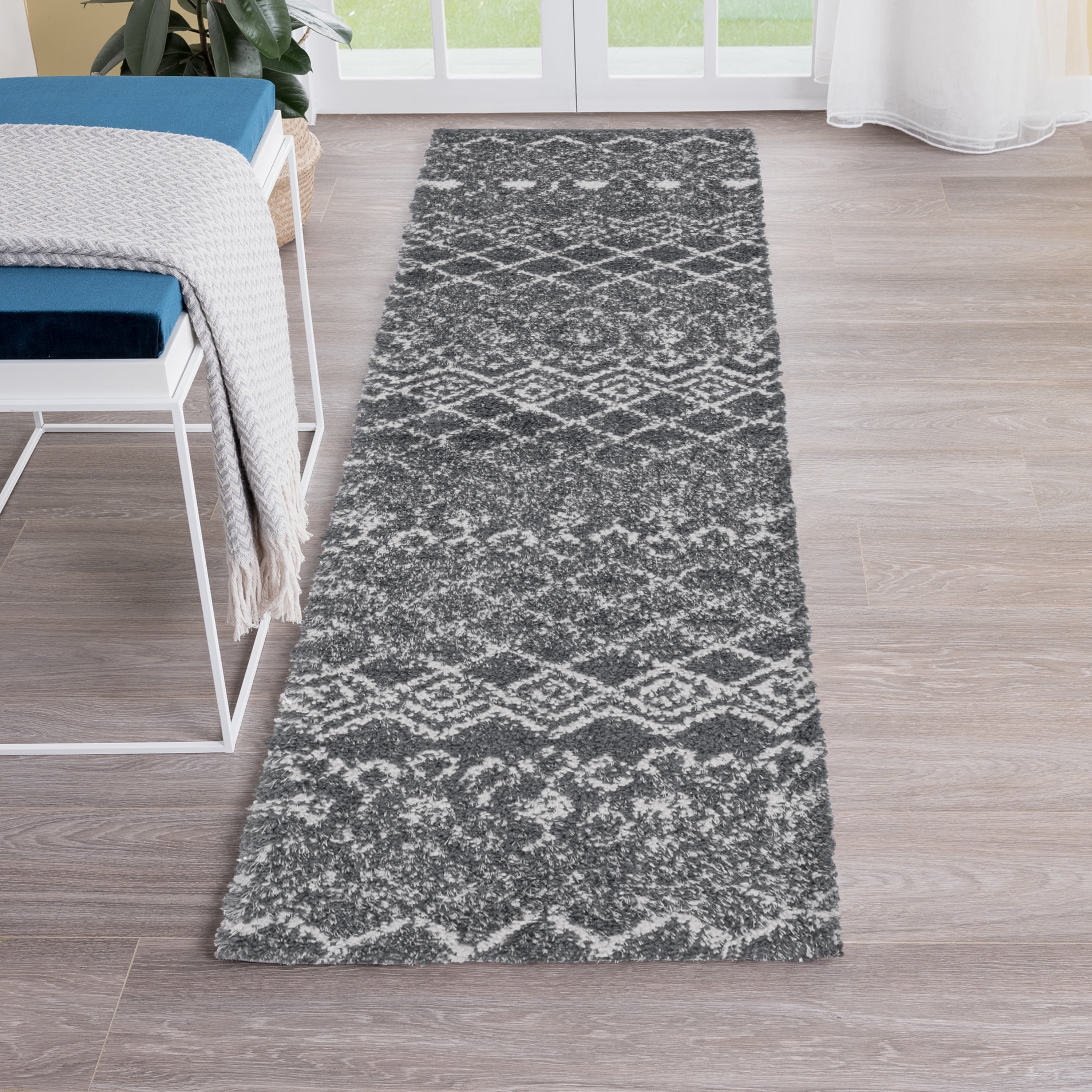 Wembley Shag Contemporary Shag Thick Medium Gray and White Area Rug, 2 ...