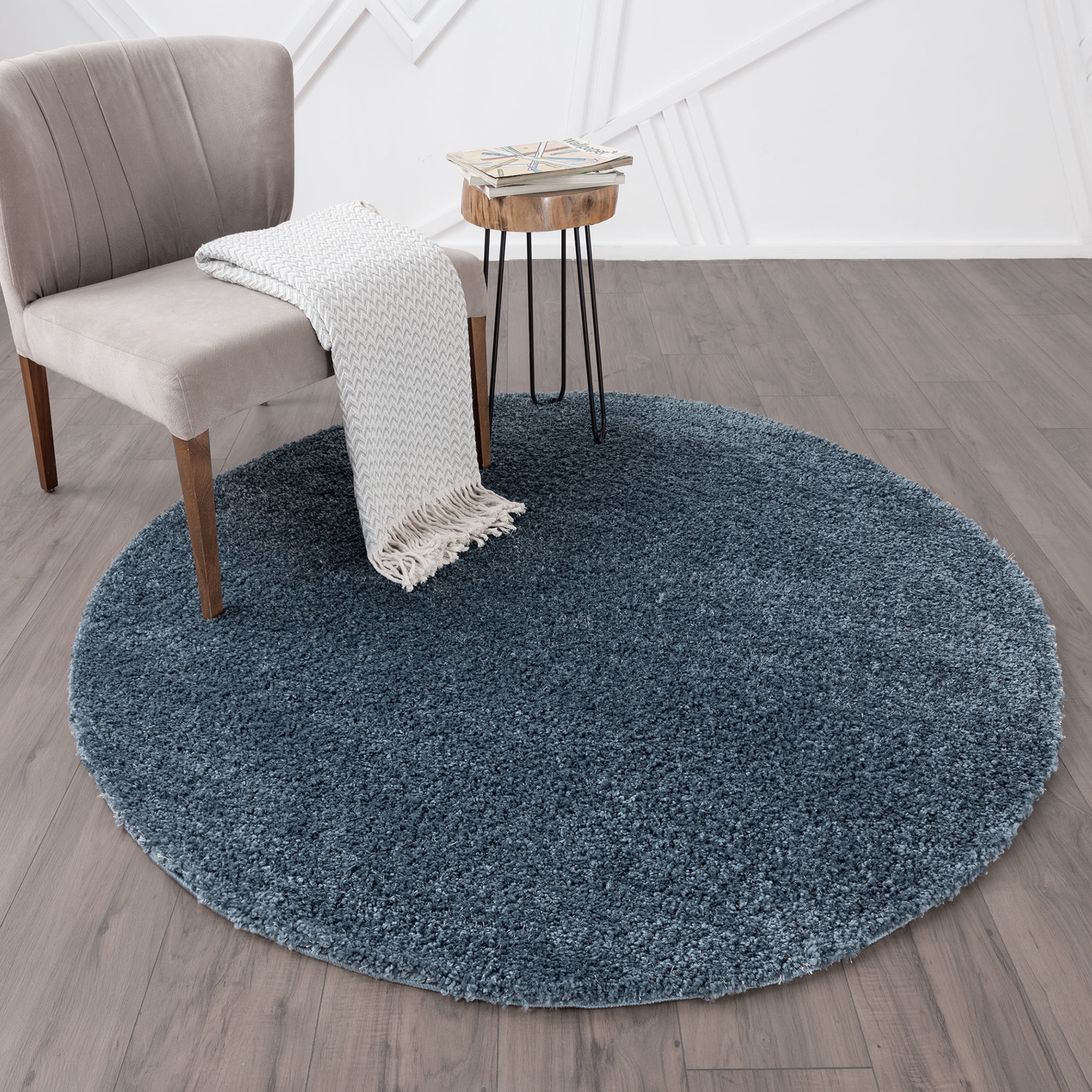 Wembley Shag Transitional Shag Thick Medium Blue Area Rug, 5' Round ...