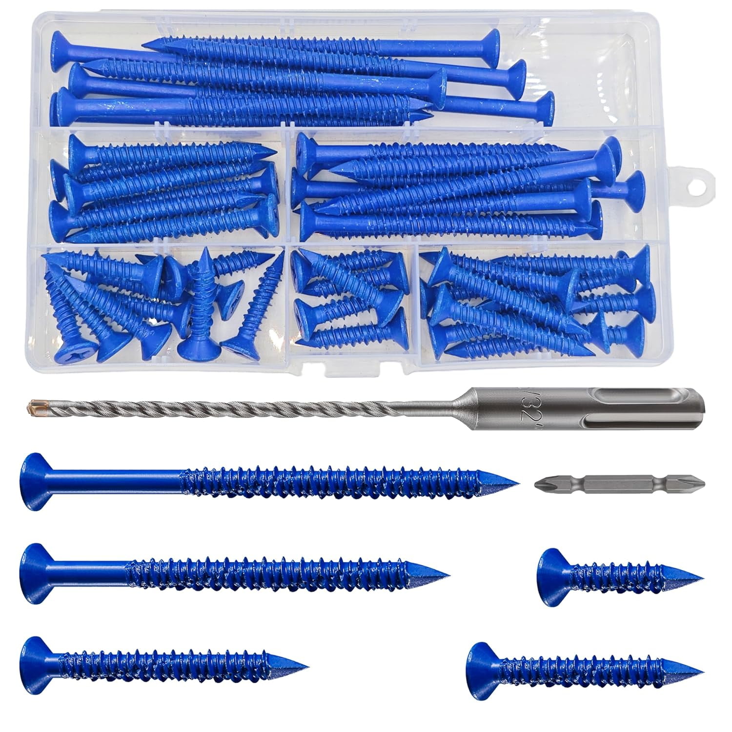 WenSilon(100 PCS) 3/16" Concrete Screw Anchor Kit Blue Flat Head for ...