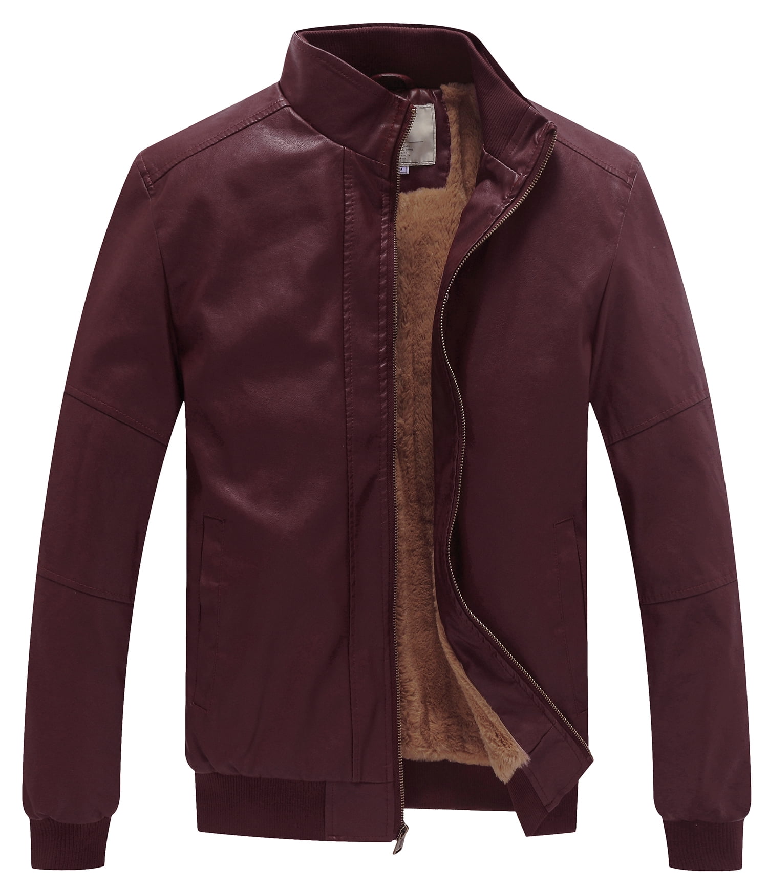 WenVen Men's Leather Jacket Fleece Lined Bomber Faux Leather Jacket Red ...