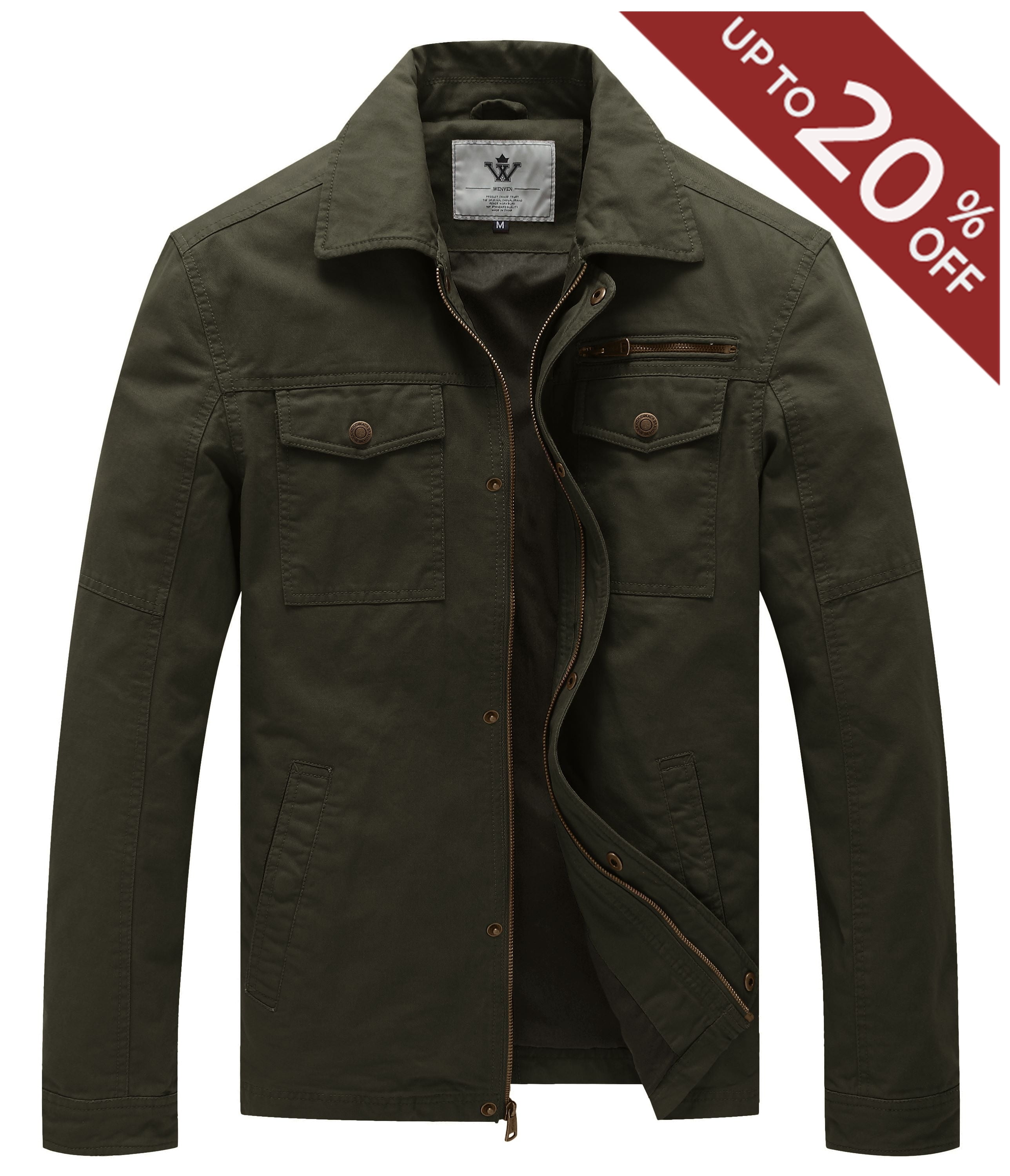 WenVen Men's Spring Cotton Jacket Lightweight Canvas Work Coat Green XL ...