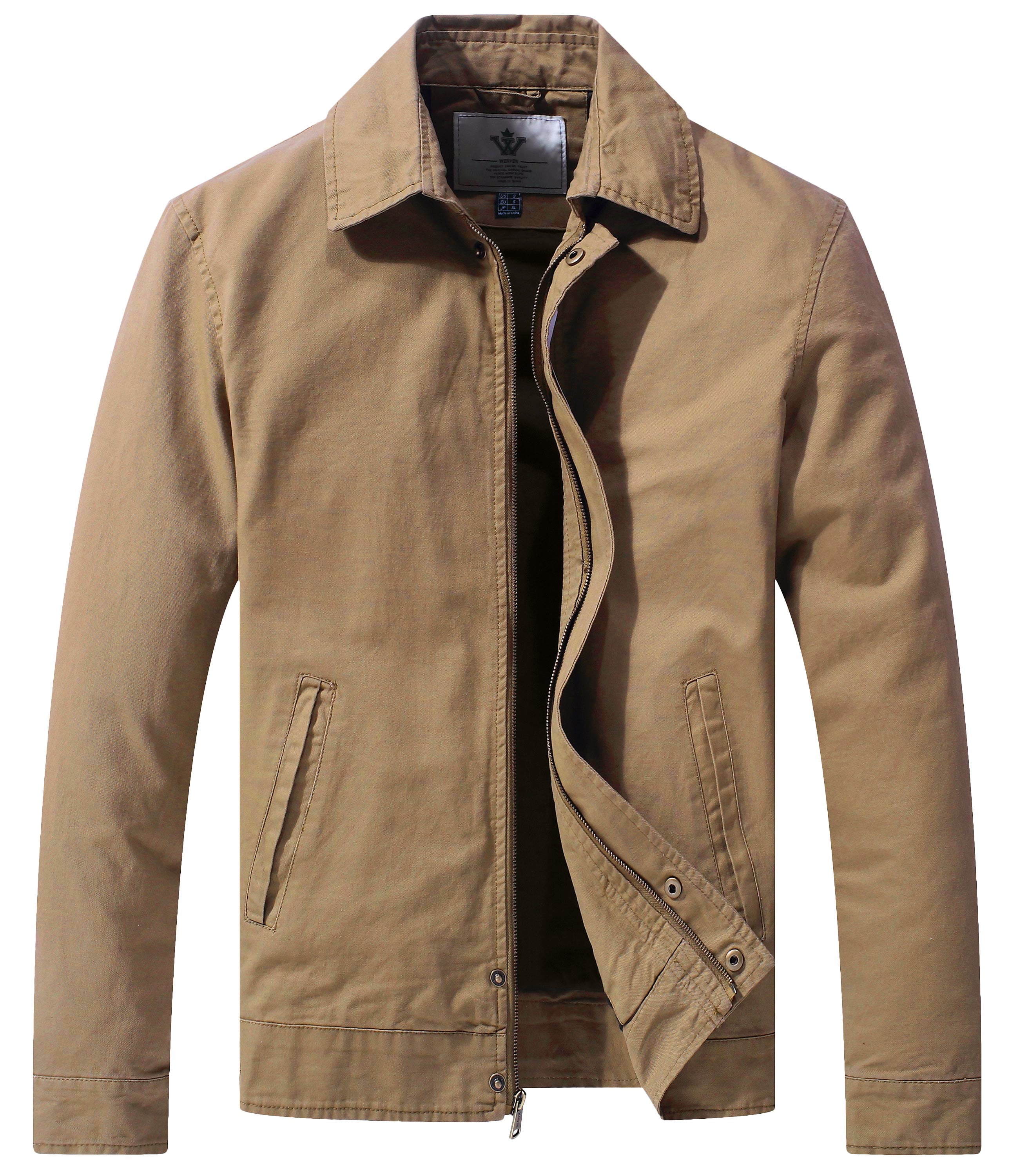 WenVen Men's Fall Lightweight Jacket Canvas Work Utility Jacket Khaki S ...