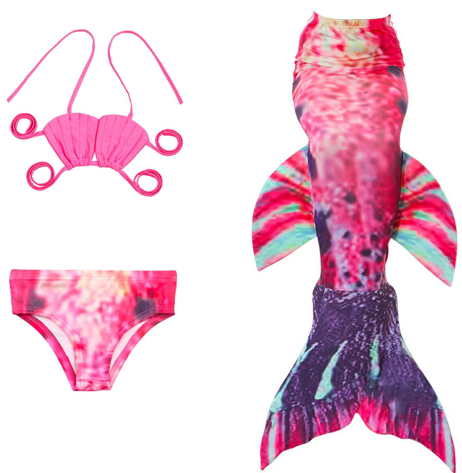 Wenchoice Hot Pink Green Fish Tail 3 Pieces Swimming Suit L(5-6Y ...