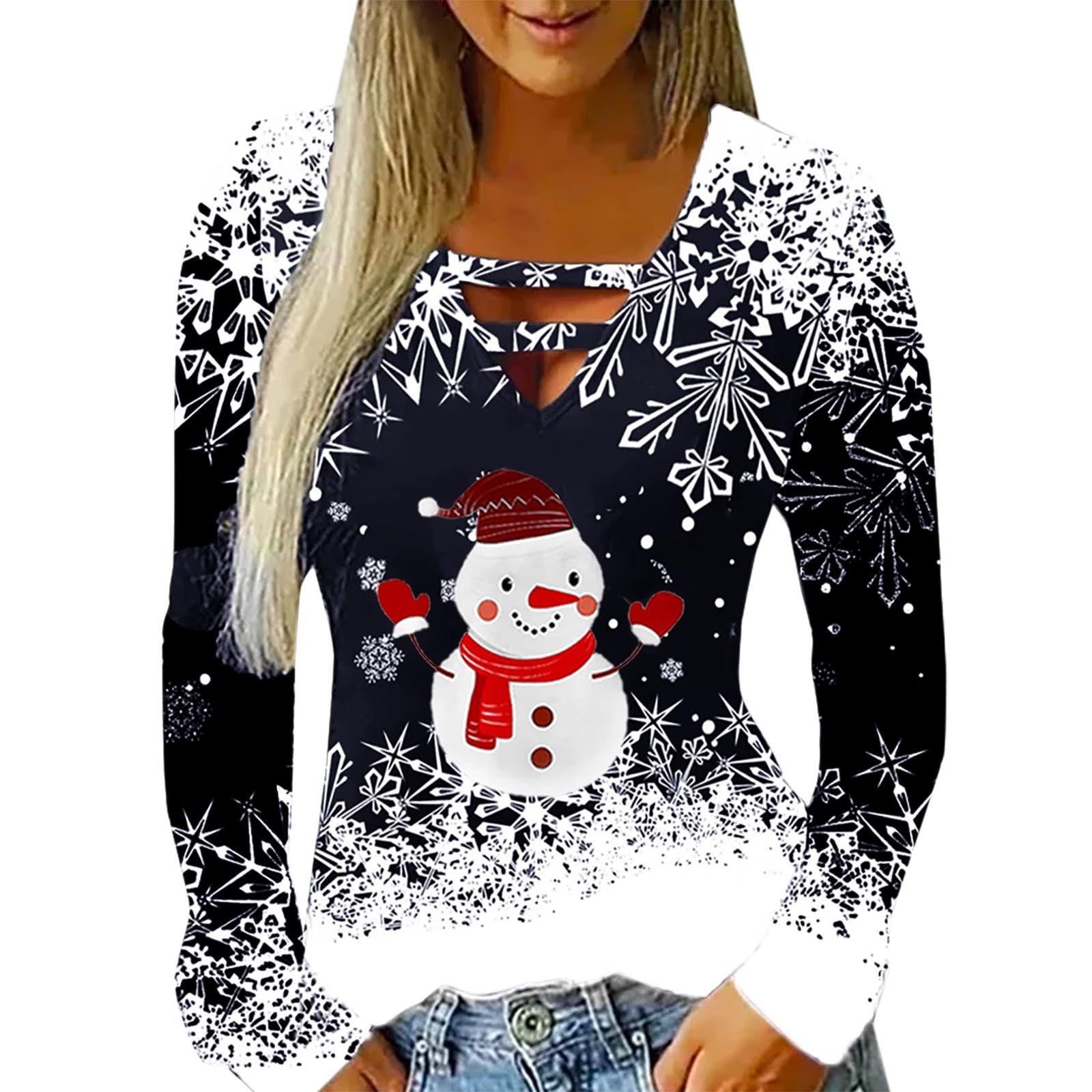 Wenini Christmas Tops for Women Long Sleeve V-Neck Christmas Snowman ...