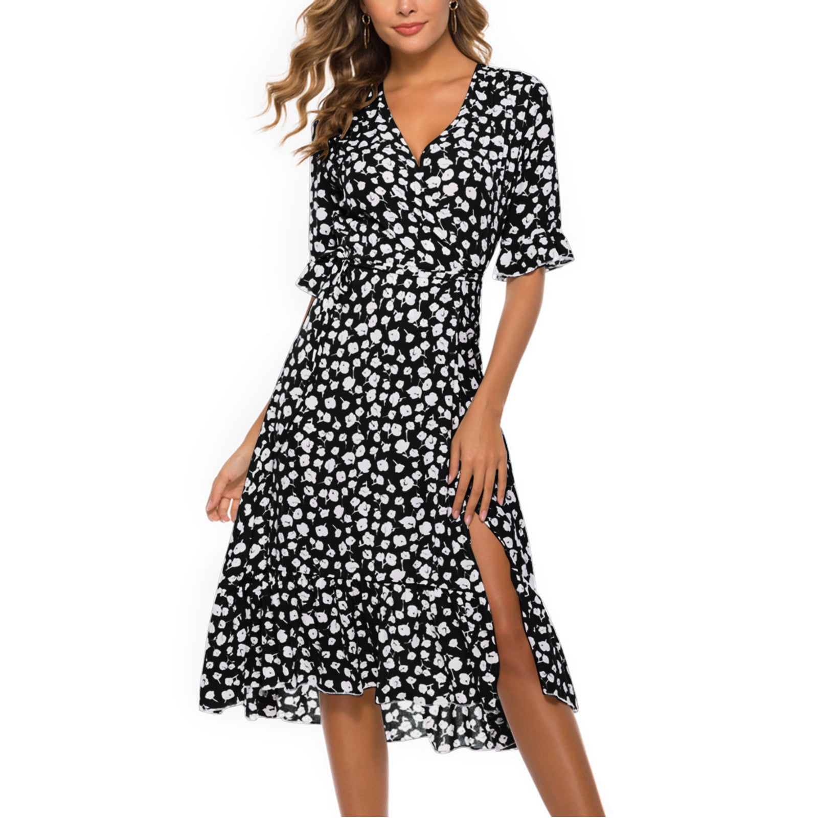 Wenini Womens Summer Floral Chiffon Dresses V-Neck Short Sleeve Split ...