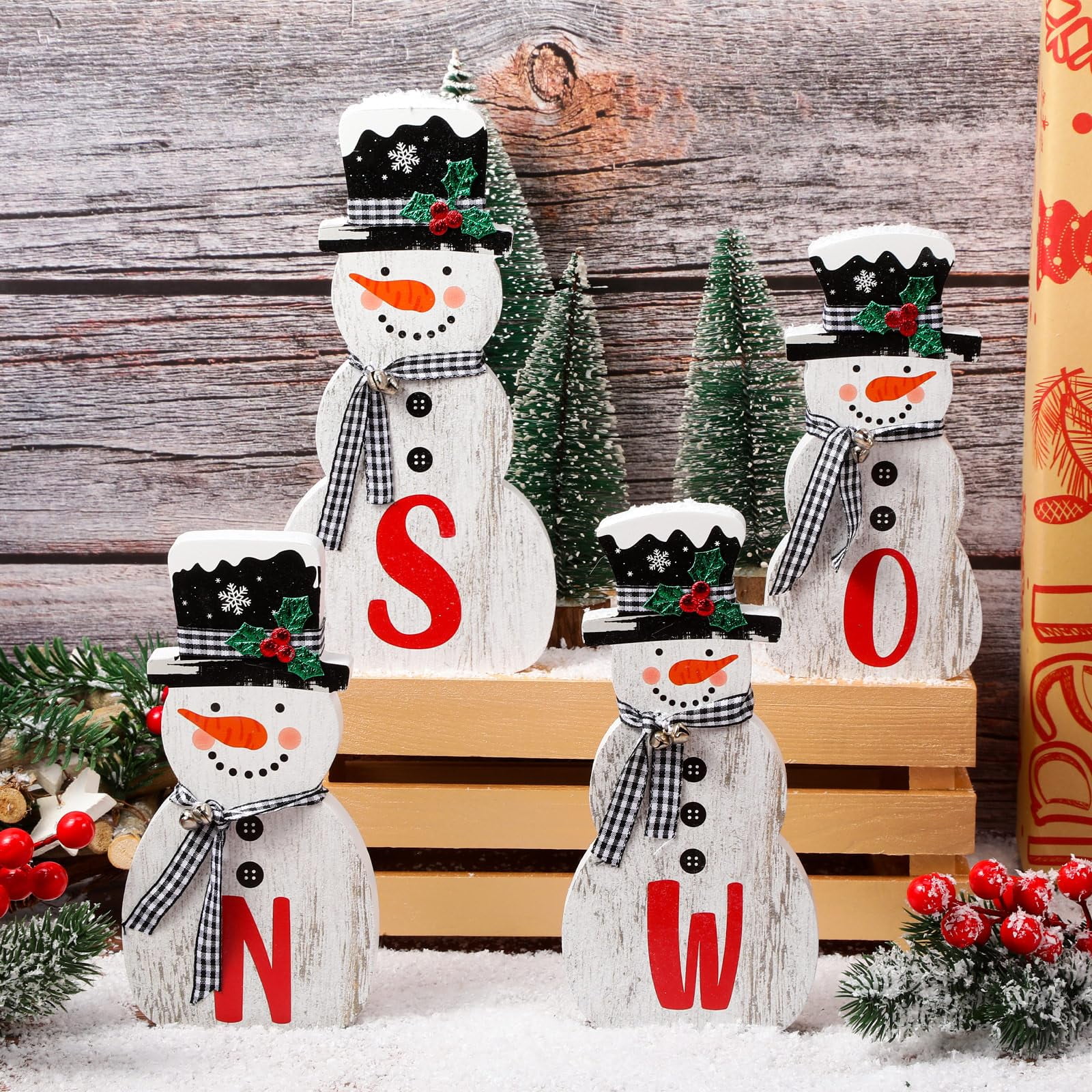 Wenqik 4 Pcs Christmas Snowman Table Decorations Buffalo Plaid Wooden ...