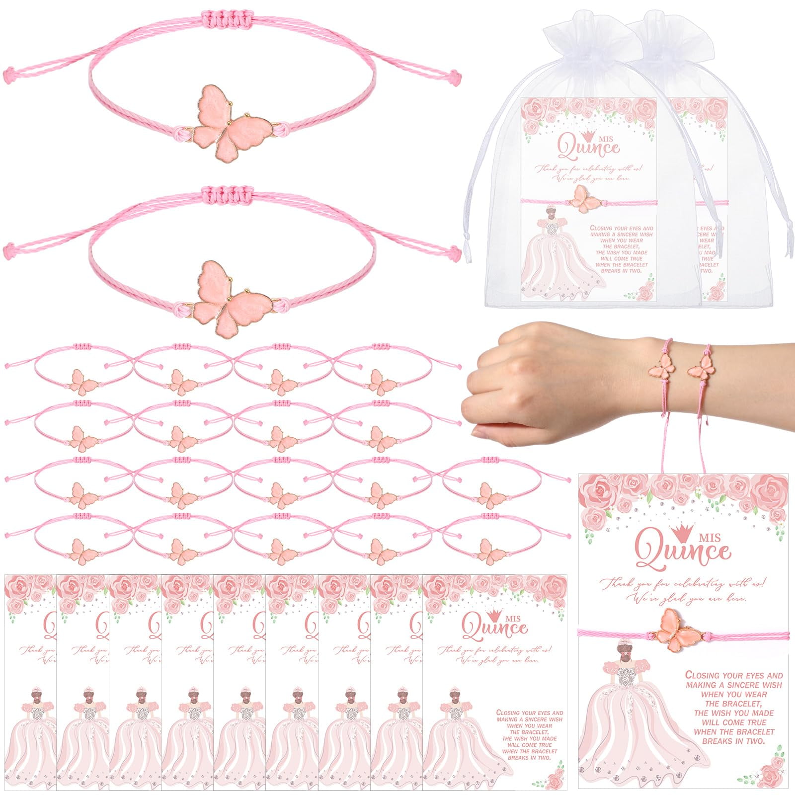 Wenqik 50 Sets Quinceanera SAF21 Party Favors for Wish Bracelet with Thank You Cards and Organza ...