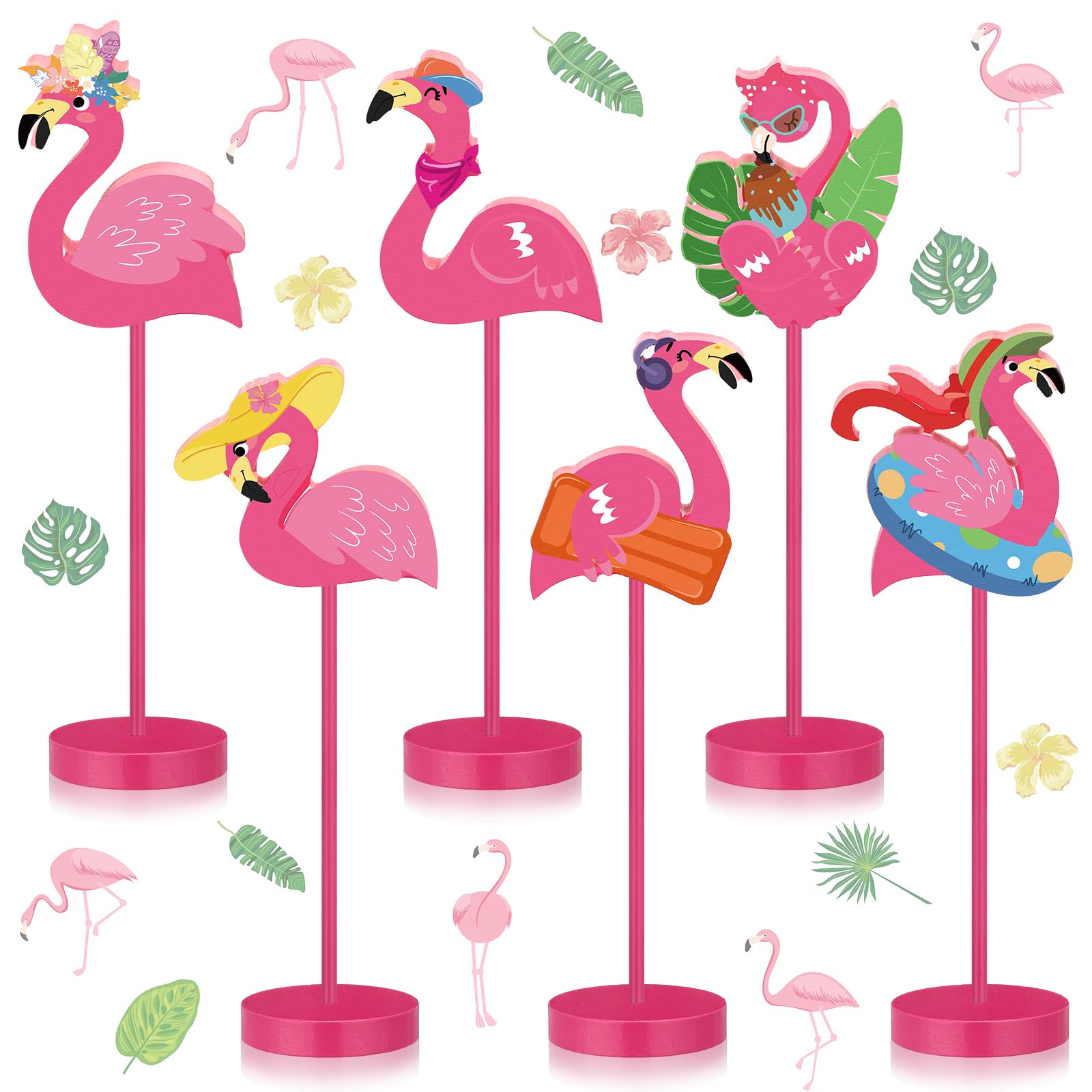 Wenqik 6 Pcs Flamingo Wood Tall Standing Block Set Summer Pink Flamingo ...