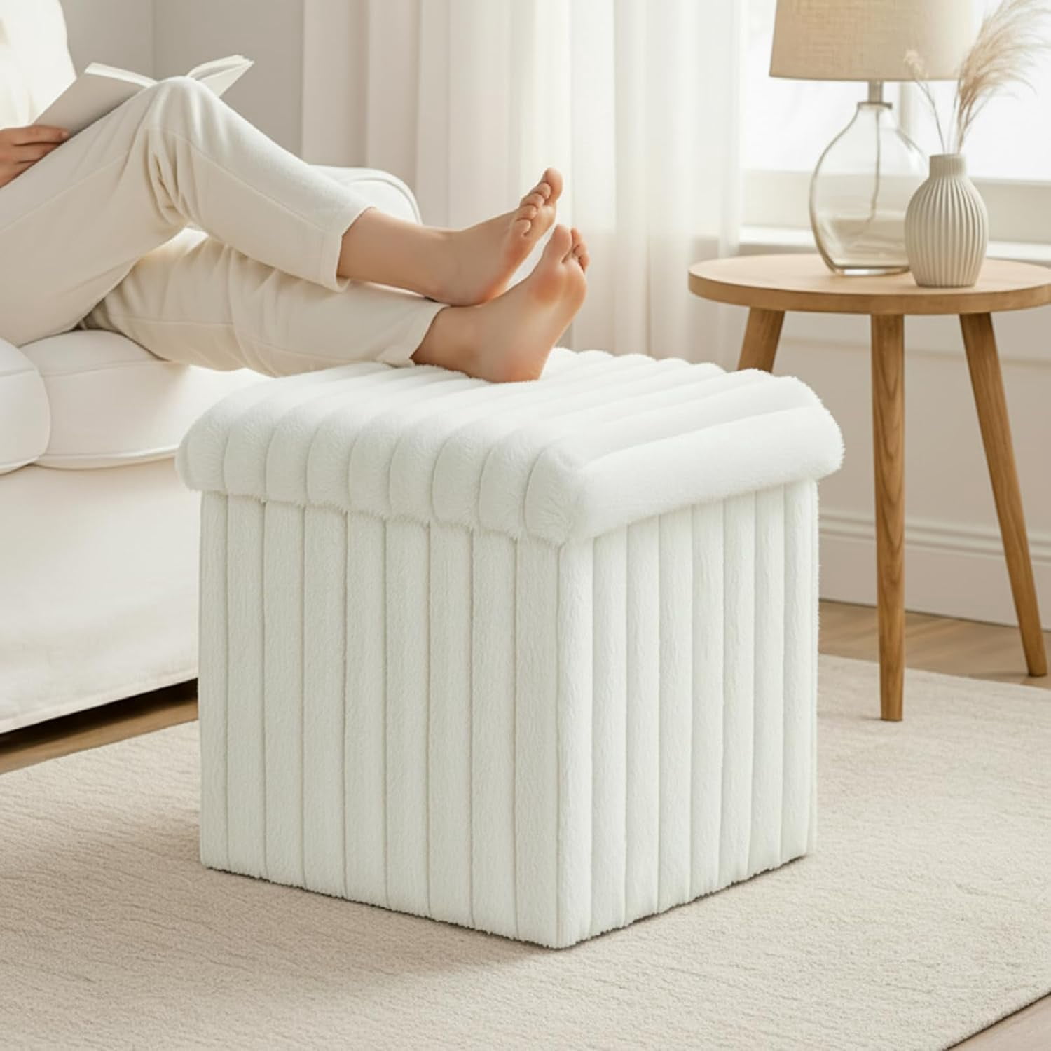 Wenqik White Fluffy and Furry Storage Ottoman, White Square Footrest ...