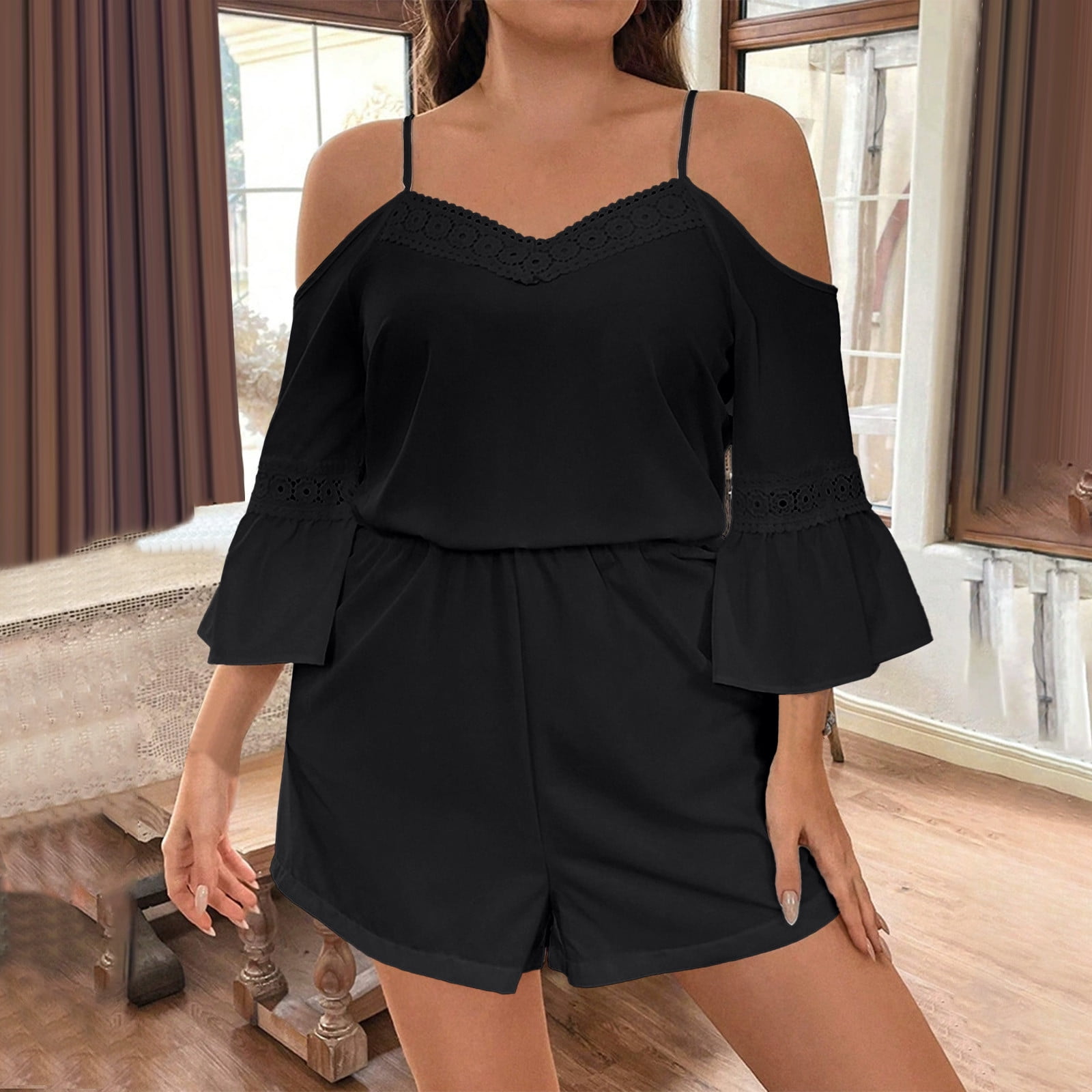 Wensltd Summer Women Jumpsuit Plus Size Lace Sleeveless Spaghetti ...