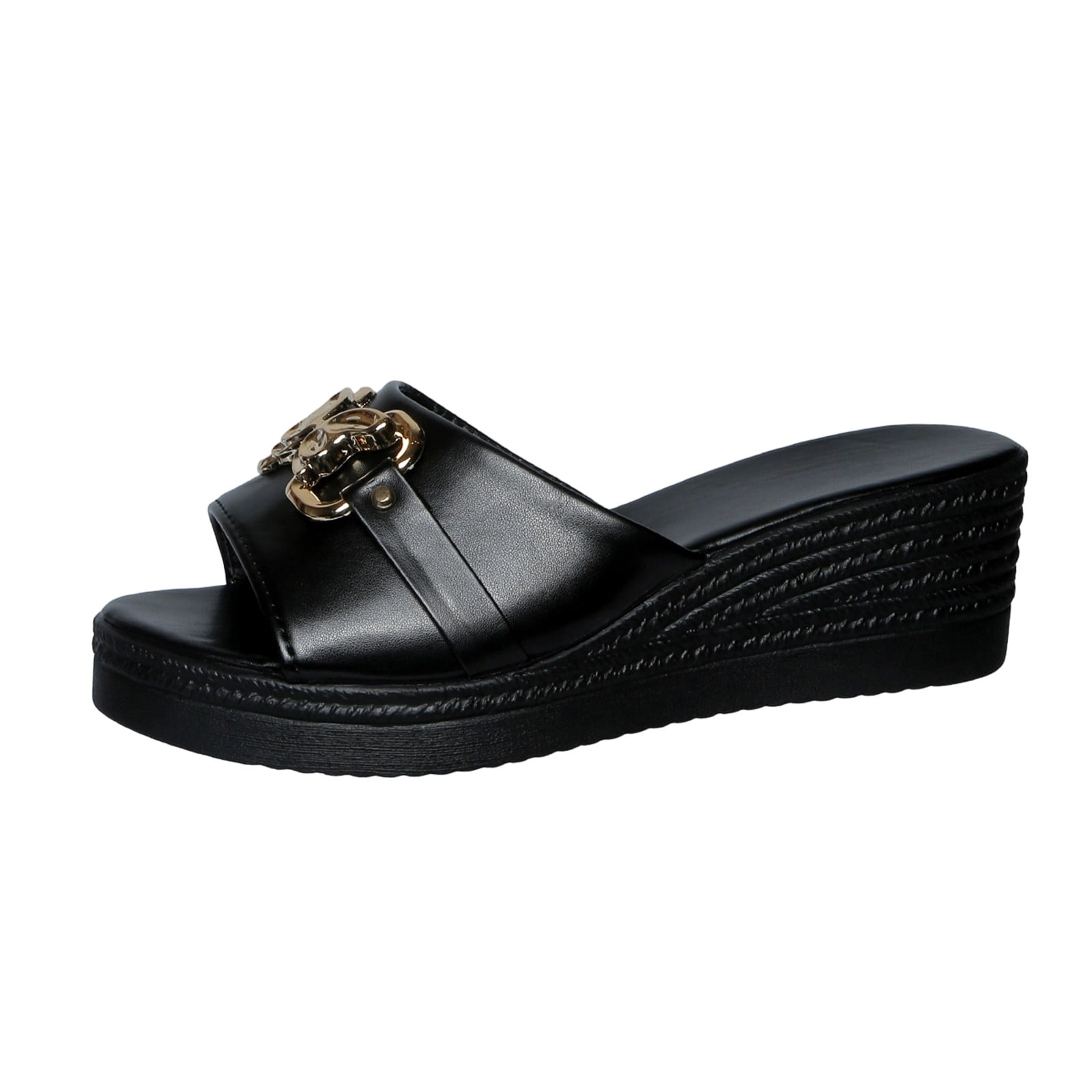 Wensltd Wide Width Wedge Sandals for Women Casual Retro Metal Buckle ...