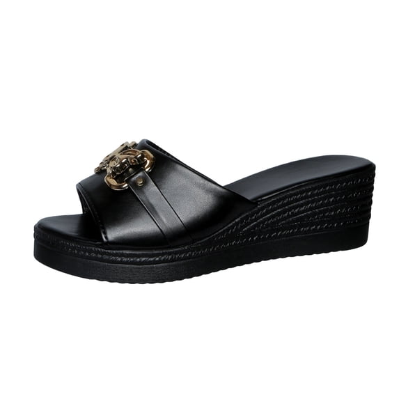 Wensltd Wide Width Wedge Sandals for Women Casual Retro Metal Buckle ...