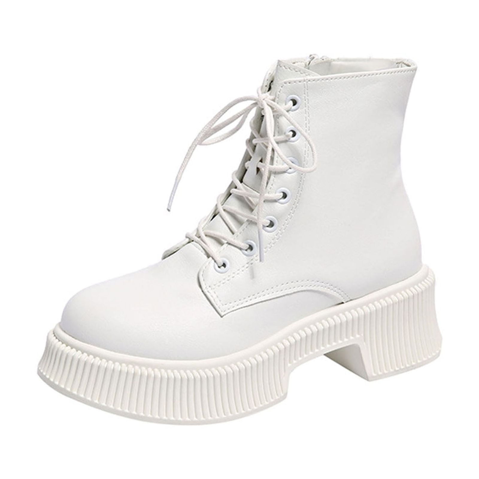 Wensltd Women Mid Calf Boots Thick Bottom British Style Lace Up Solid ...