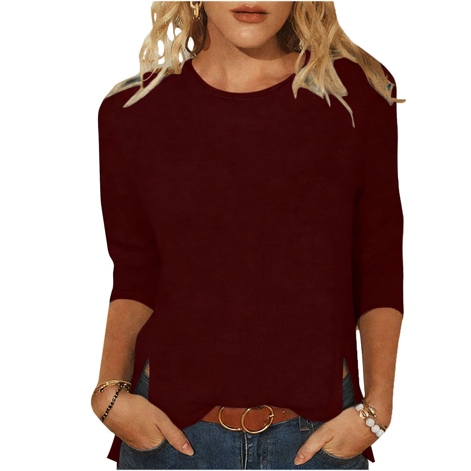Wensltd Women Pullover Tops Casual Solid Color Crew Neck 3/4 Sleeve ...