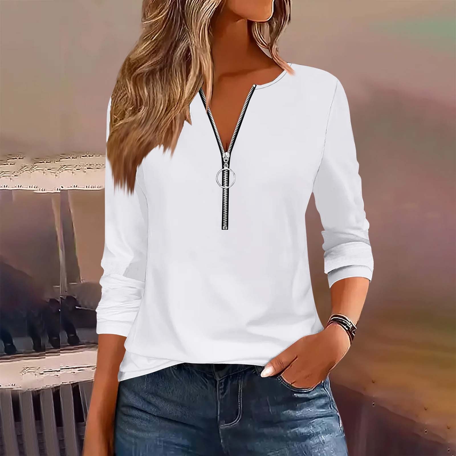 Wensltd Womens 3/4 Sleeve Tops Zipper Tunic Casual Summer Fall Shirts ...