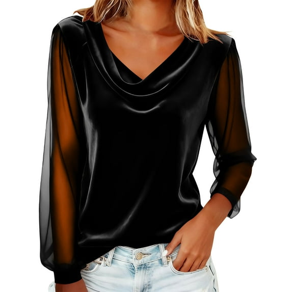 Wensltd Womens Cowl Neck Tops Elegant Solid Color Long Sleeve Blouses ...