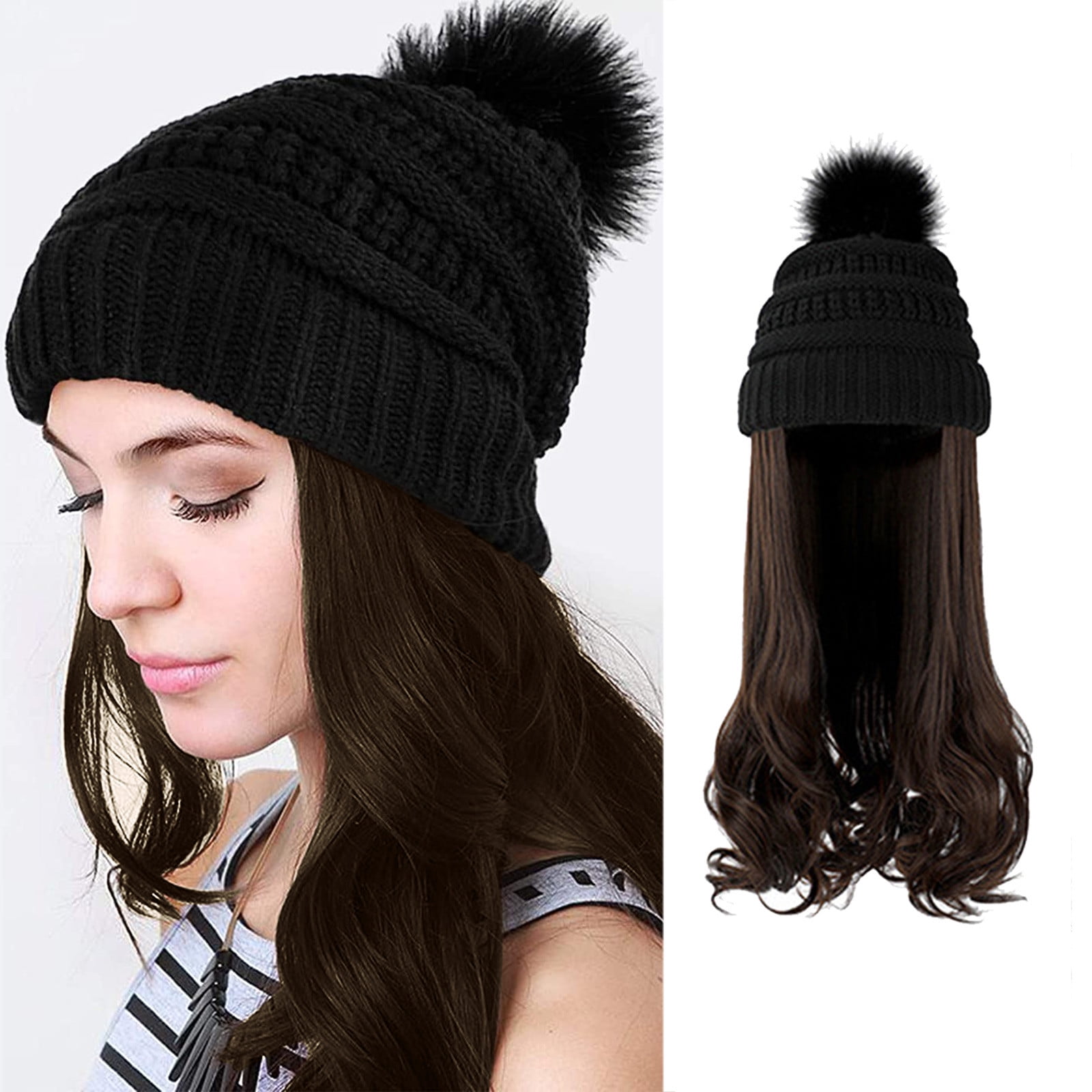 Wentin Beanie Wig, Hat Hair Extension Long Wavy Curly Black Hat Wig ...
