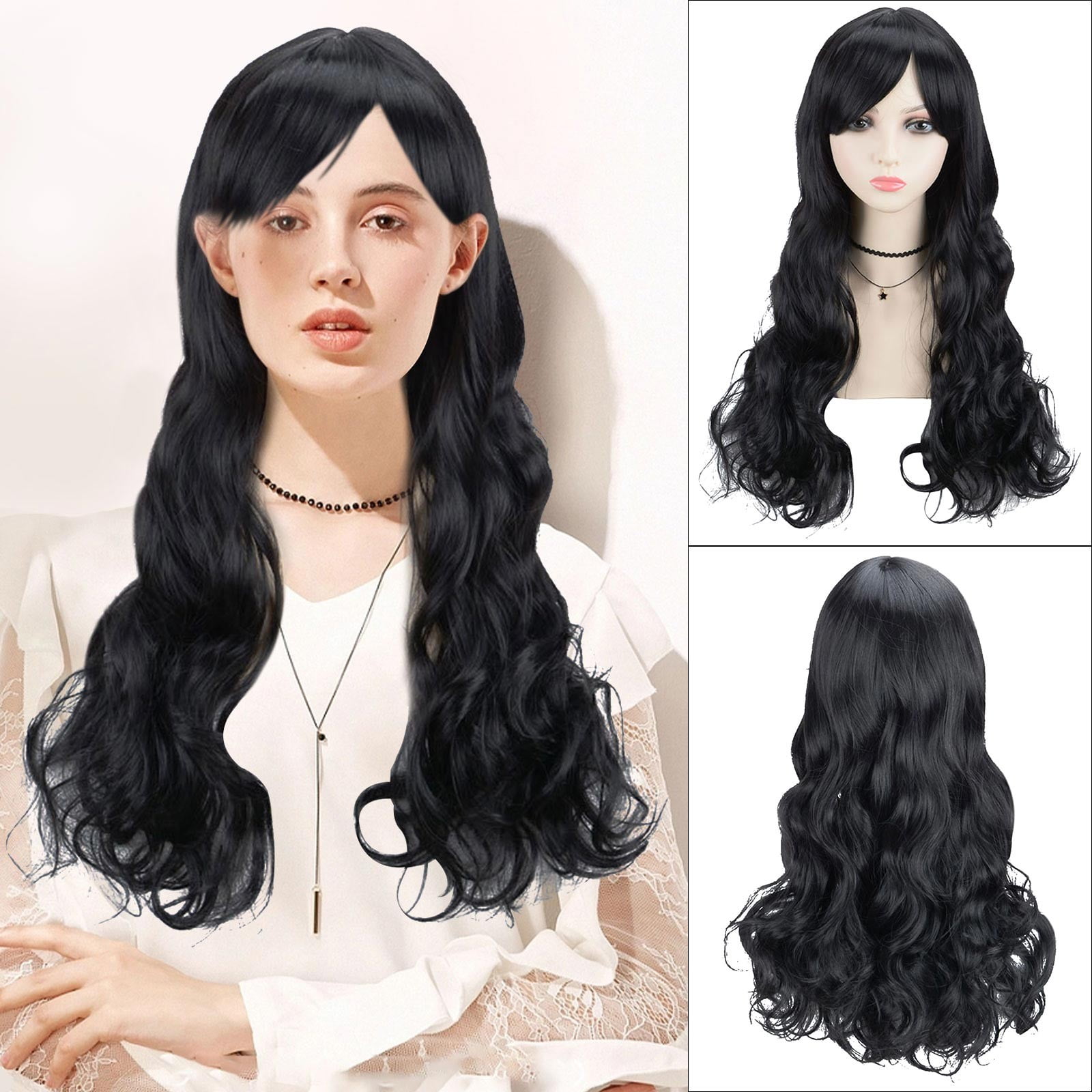 Wentin Black Long Curly Hair Parted Bangs Wig Female High Temperature Silk Wig For Women ...