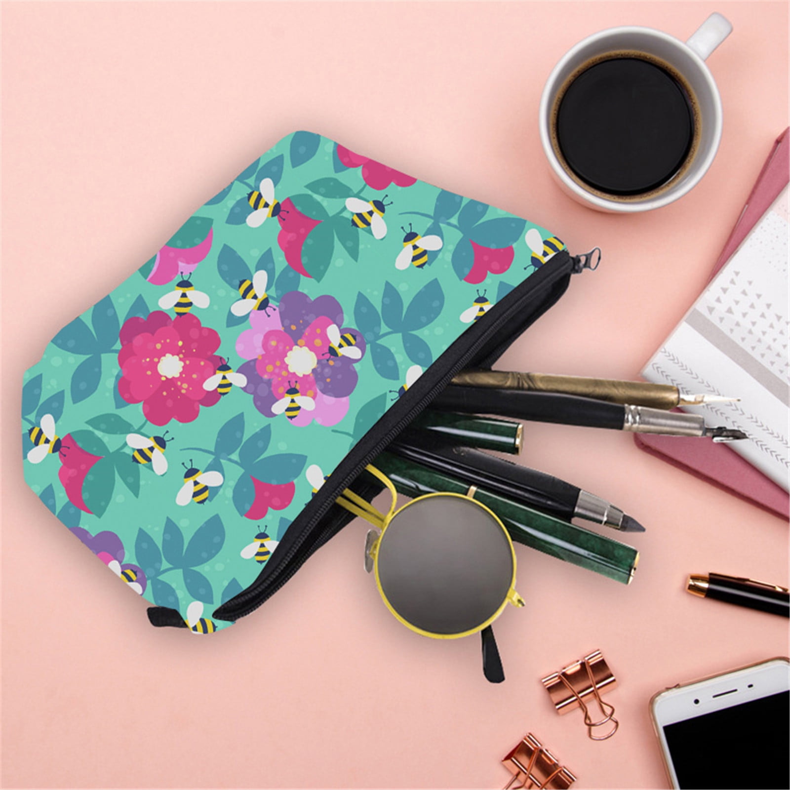 Wentin Cafl Honey Bees Makeup Bag Retro Wildflowers Cosmetic Bag for ...