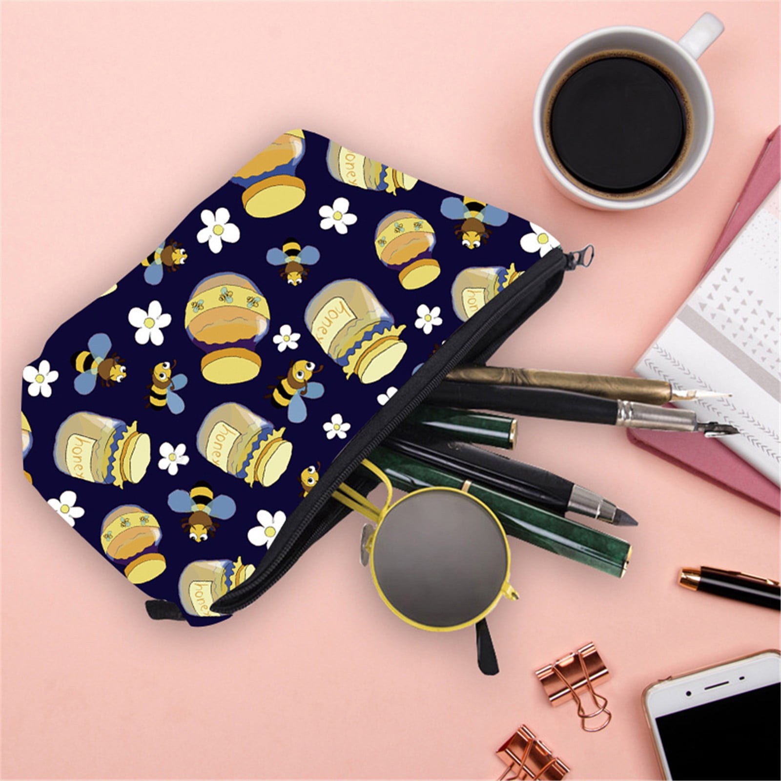 Wentin Cartoon Bee Makeup Bag Yellow Floral Chubby Bee Cute Small ...