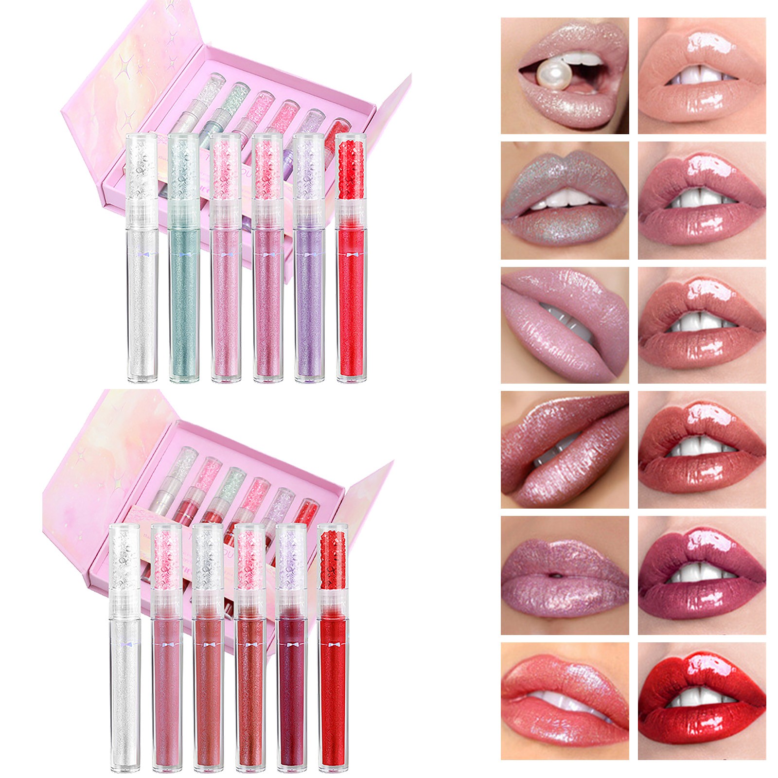 Wentin Lip Glosses Clearance! 6 Pack Diamond Lip Gloss Gift Box Set With Pearl Gloss And Non ...