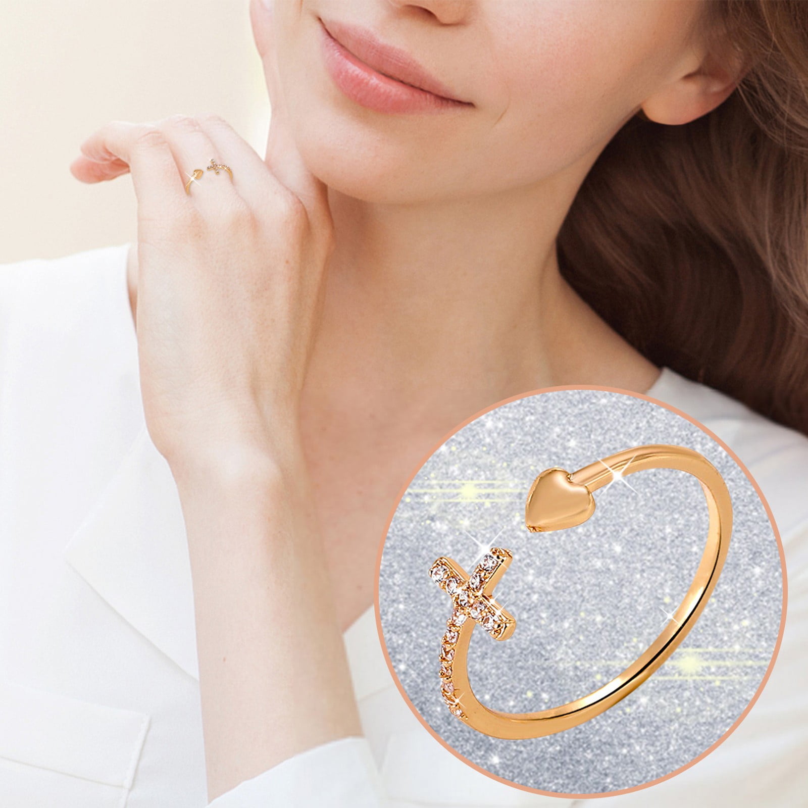 Wentin Reduced Rings Romantic Copper Cross Ring Heart Adjustable Opening Rings Gift For Women ...