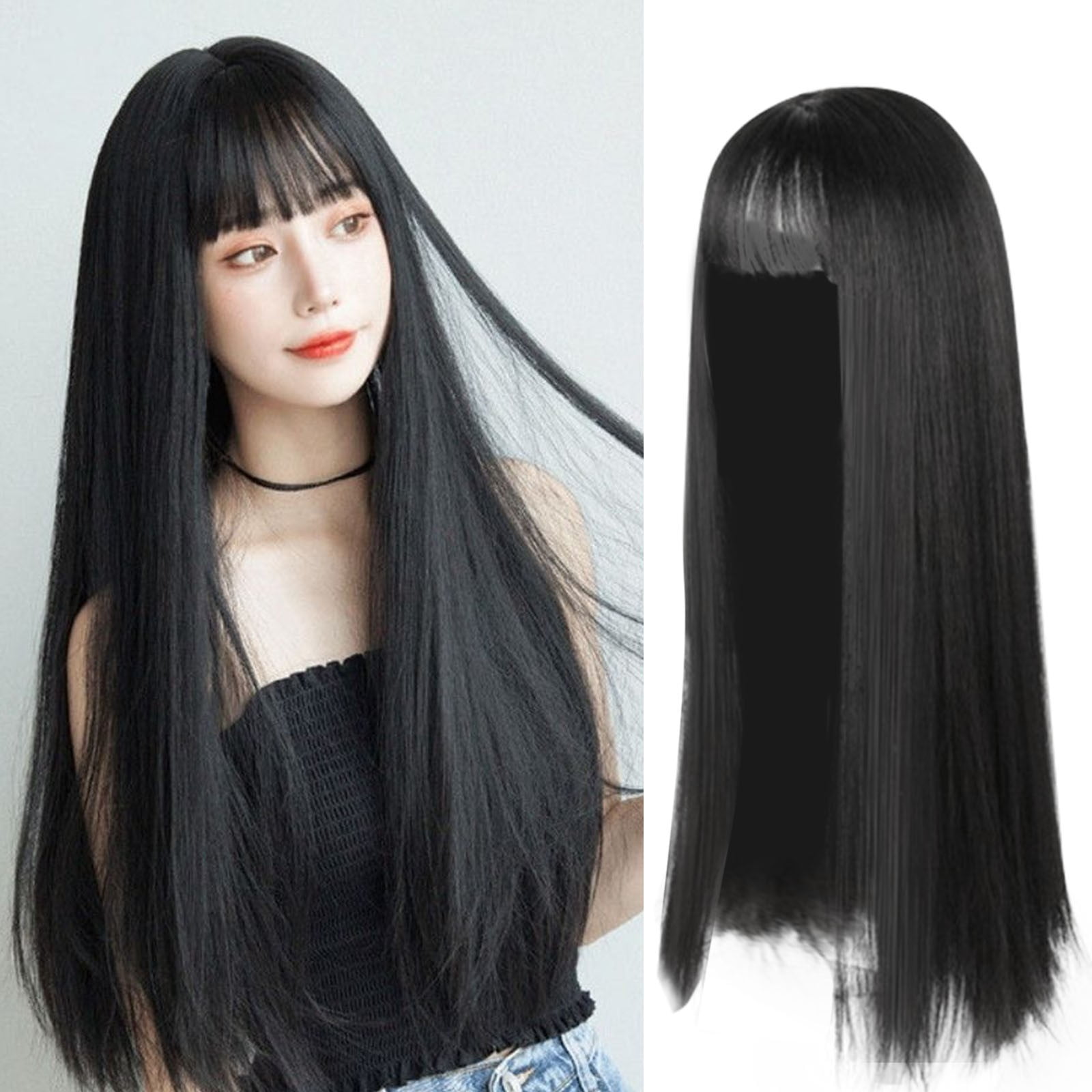 Wentin Wig Lady Black Long Hair Soft Girl Realistic Headwear Japanese ...