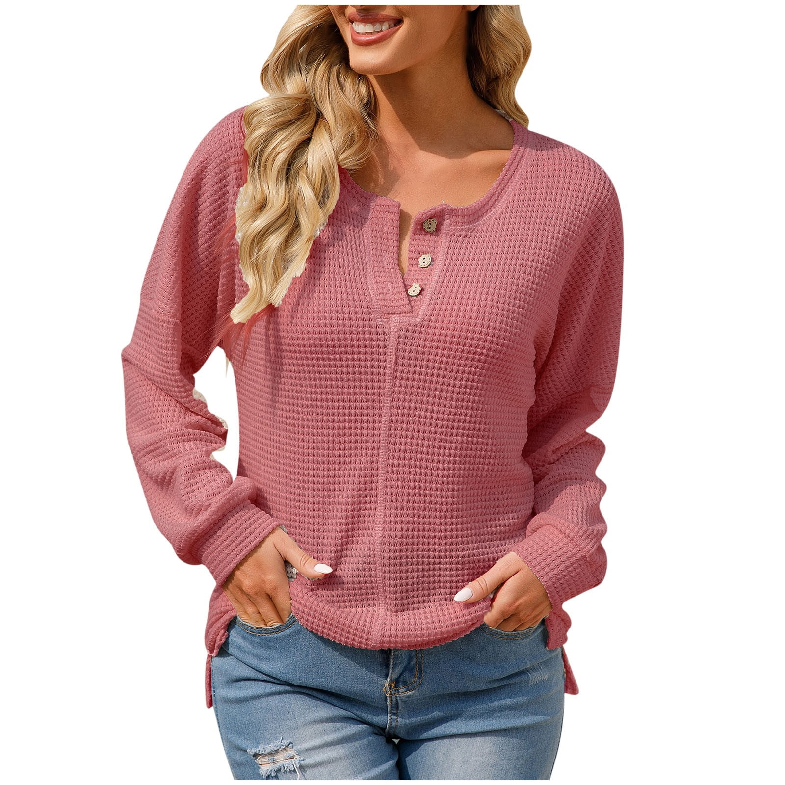 Wenyuyu Waffle Knit Blouses for Women Casual Loose Fit Long Sleeve ...