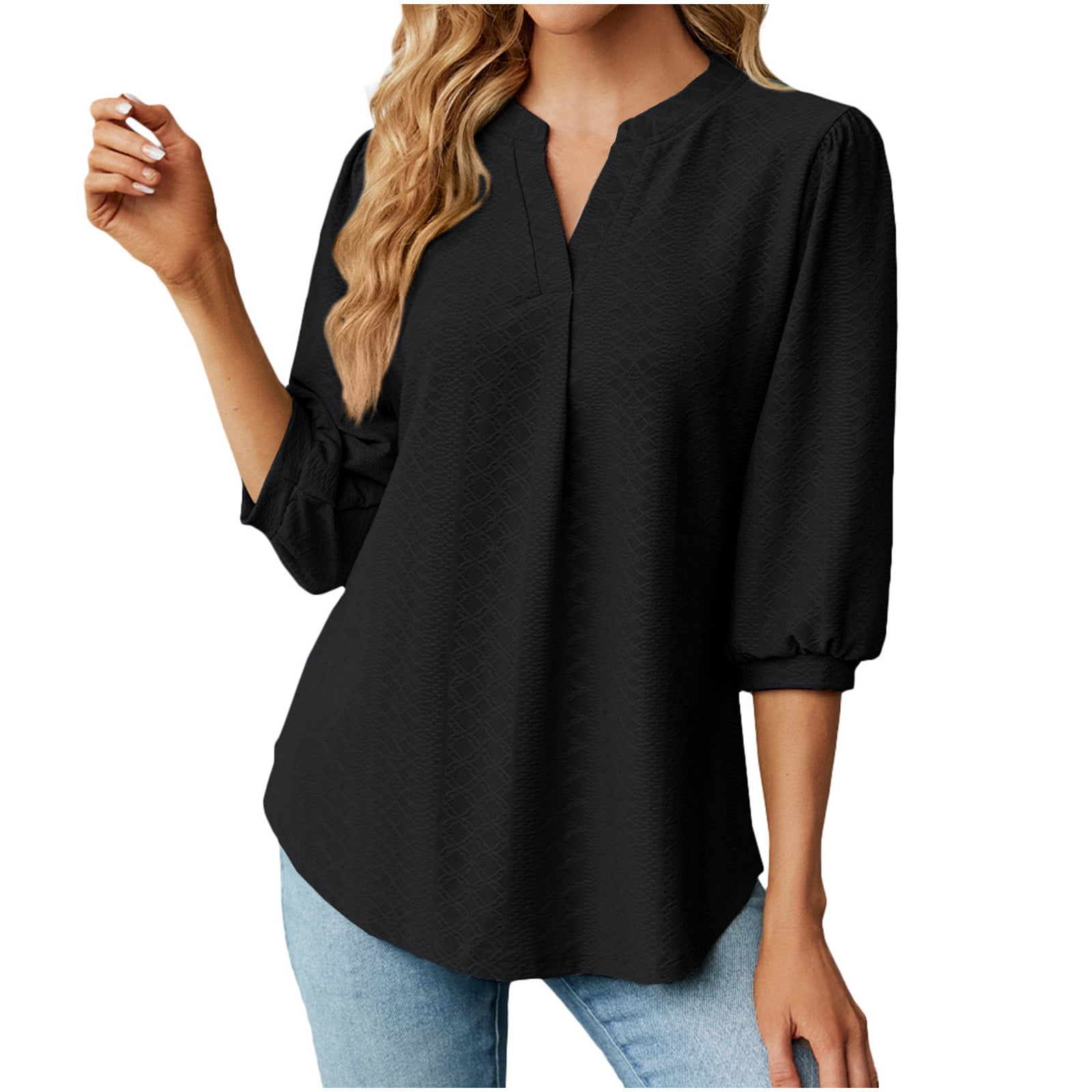 Wenyuyu Women's 3/4 Sleeve Tops Trendy Notch V Neck Eyelet Breathable ...