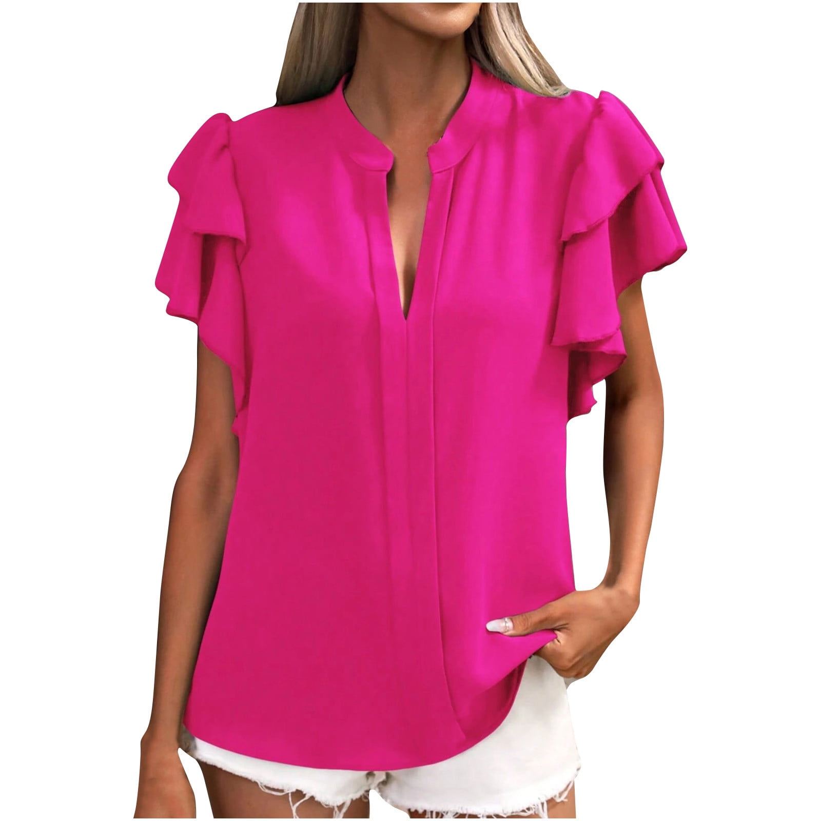 Wenyuyu Women's Chiffon Blouses Ruffle Short Sleeve Deep V Neck Tops ...