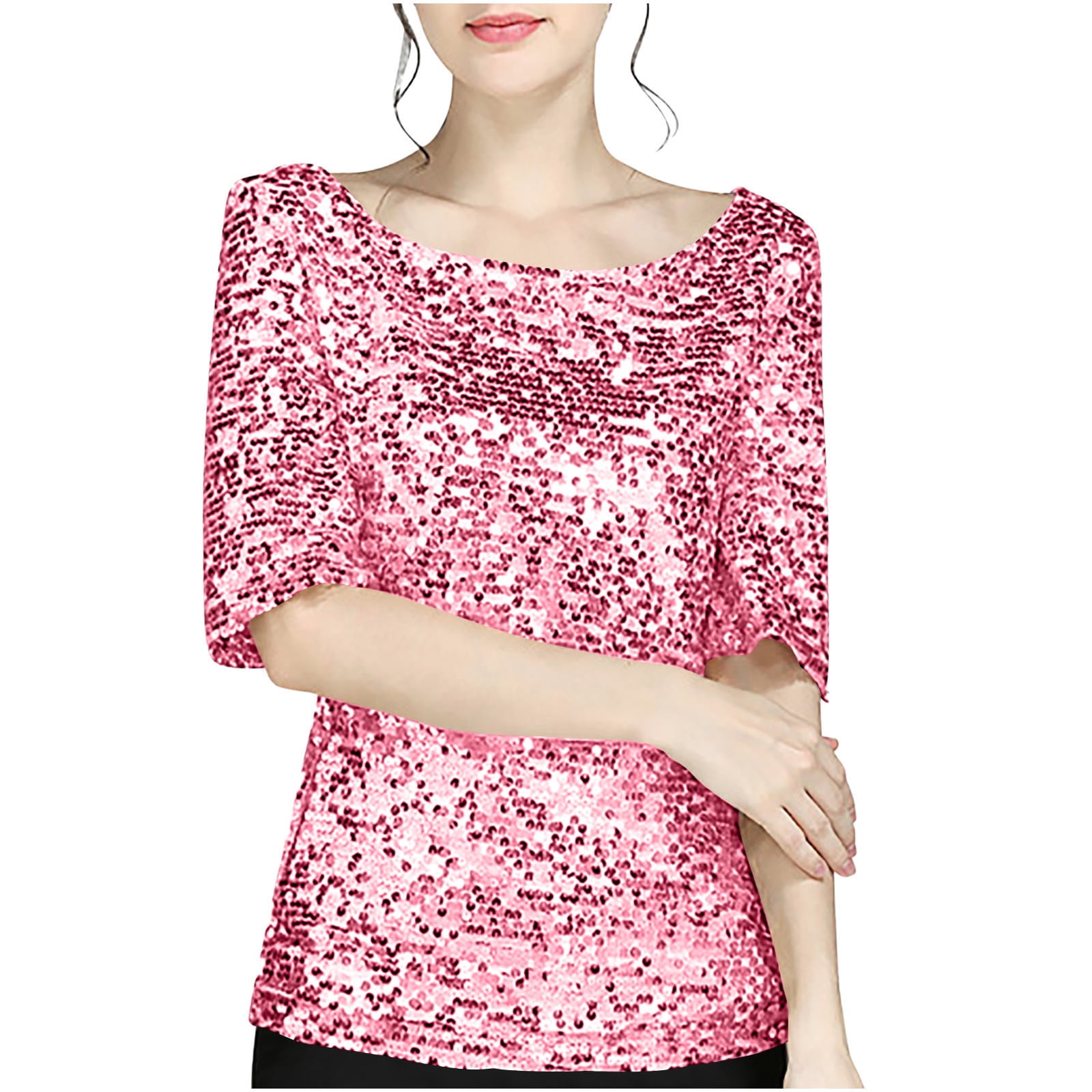 Wenyuyu Women's Sequin Tops Plus Size Round Neck Tee Shirts Shimmer ...