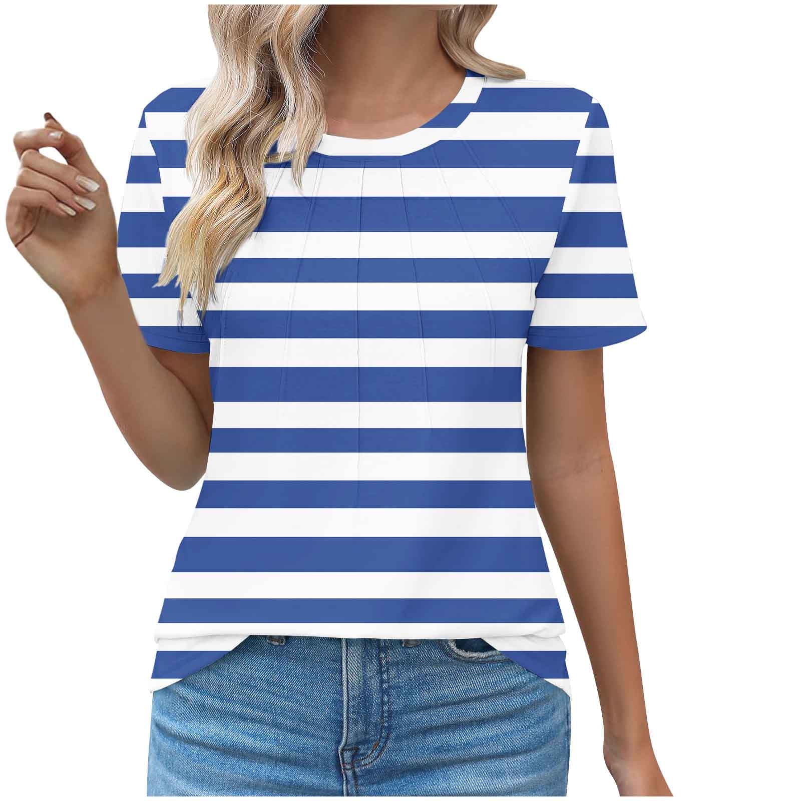 Wenyuyu Womens Striped Tee Shirts Trendy Summer Pleated Round Neck ...