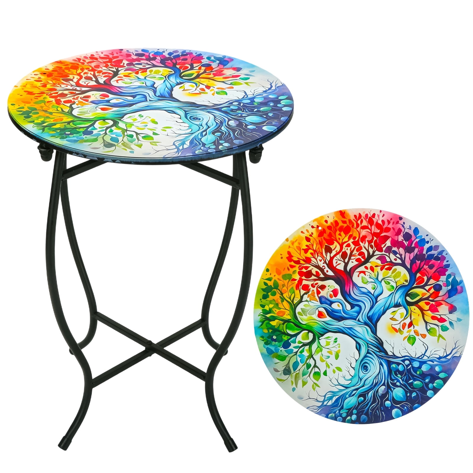 KABB 17-inch Tall 14 inch Round End Table，Iron Art Tree of Life ...