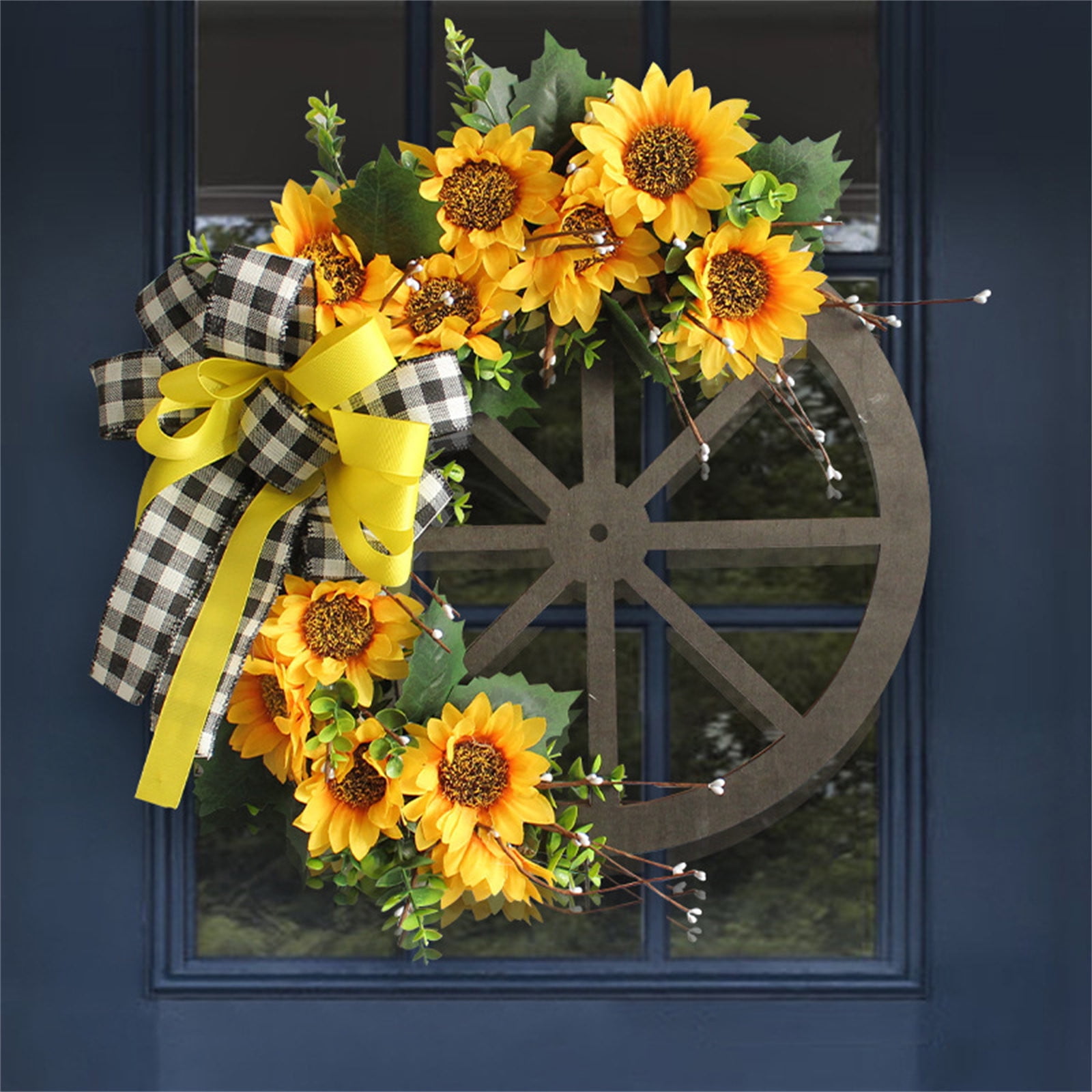 WeowiYief Sunflower Bow Garland Decoration Simulation Flower Wood Wheel ...