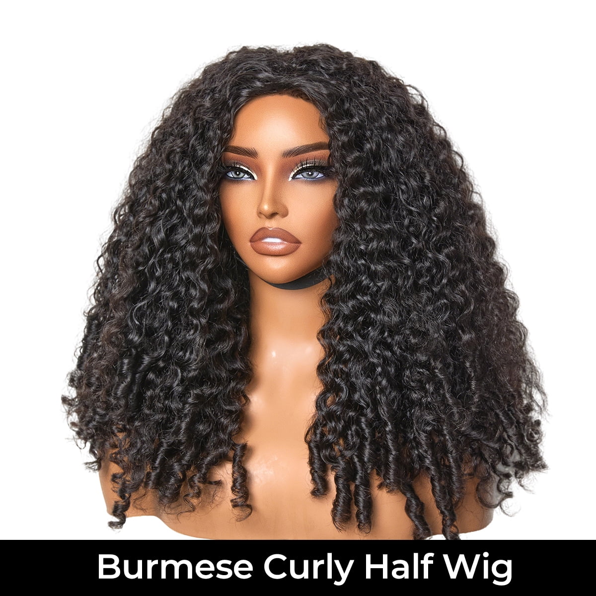 Wequeen #1B Black 100% Human Hair Half Wig Burmese Curly 22" With ...
