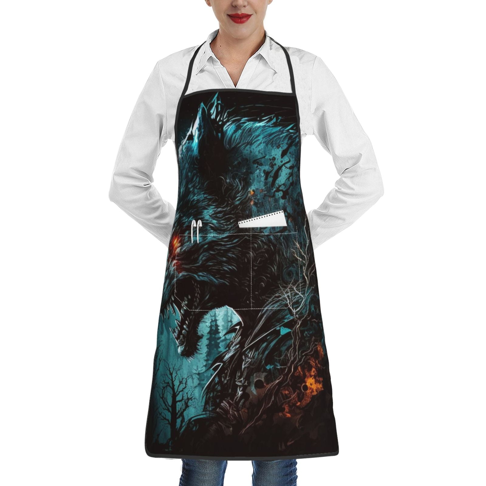 Werewolf Howling Night Cool Wolf Apron with Pocket Cooking Waterproof ...
