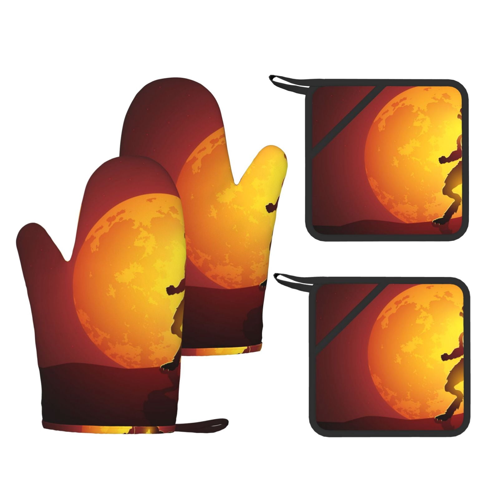 Werewolf Howling Red Full Moon 4-Piece Silicone Oven Gloves and Pot ...