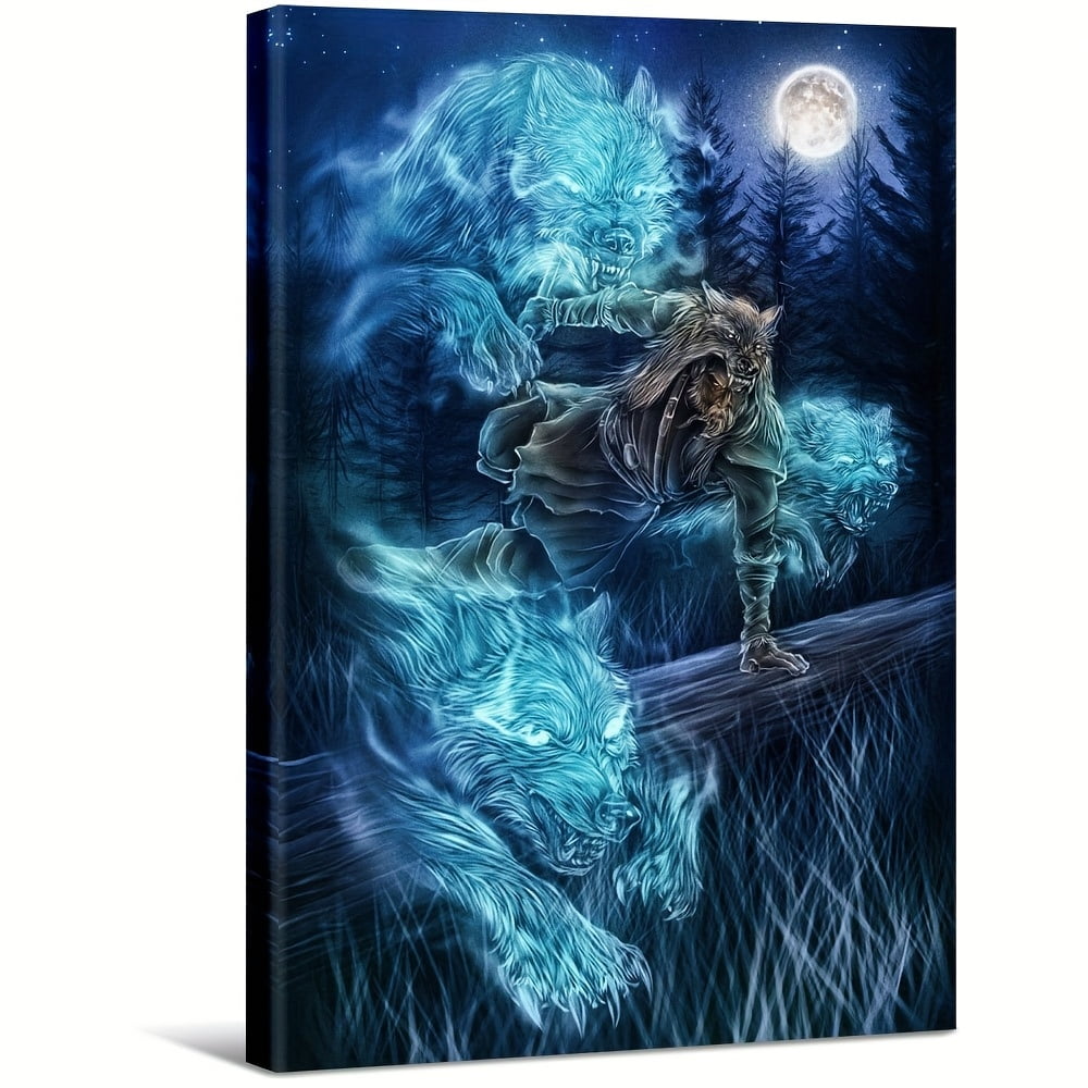 Werewolf Warrior Battles With Wolves Under The Moonlight Large Wooden ...