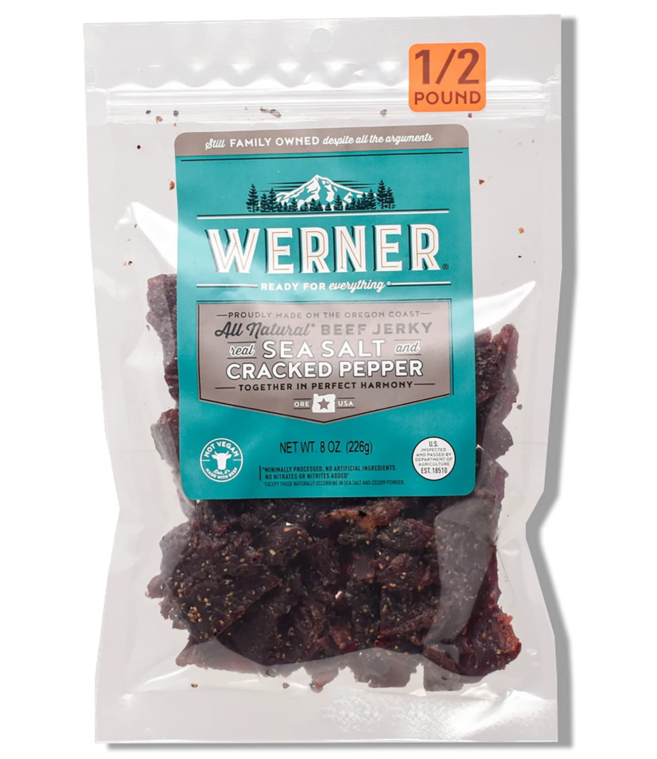 Werner Beef Jerky All Natural Meat Snack Half Pounder – Sea Salt and ...