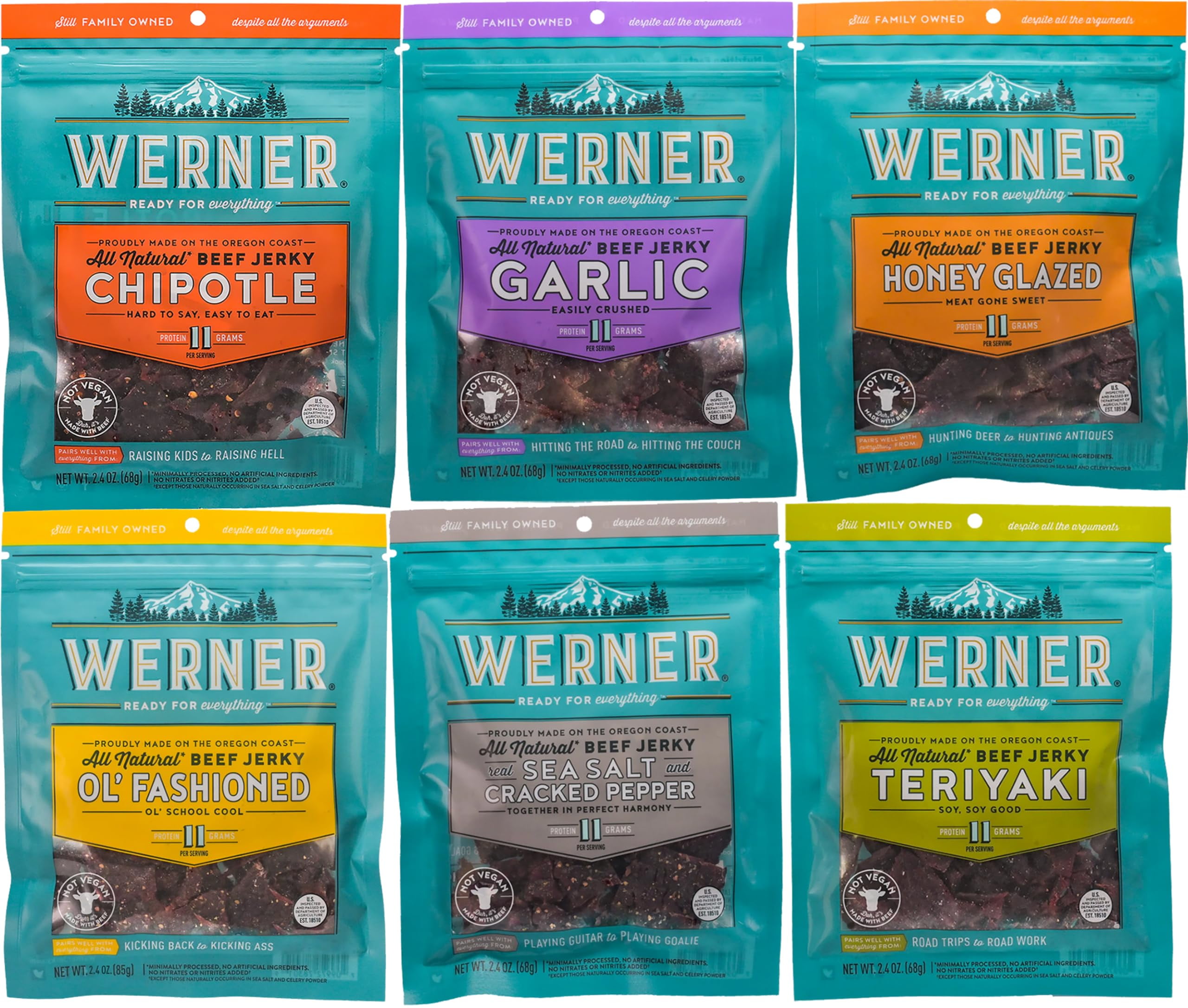 Werner Beef Jerky Variety Pack HYZ01 of 6 - Sea Salt & Pepper, Honey ...