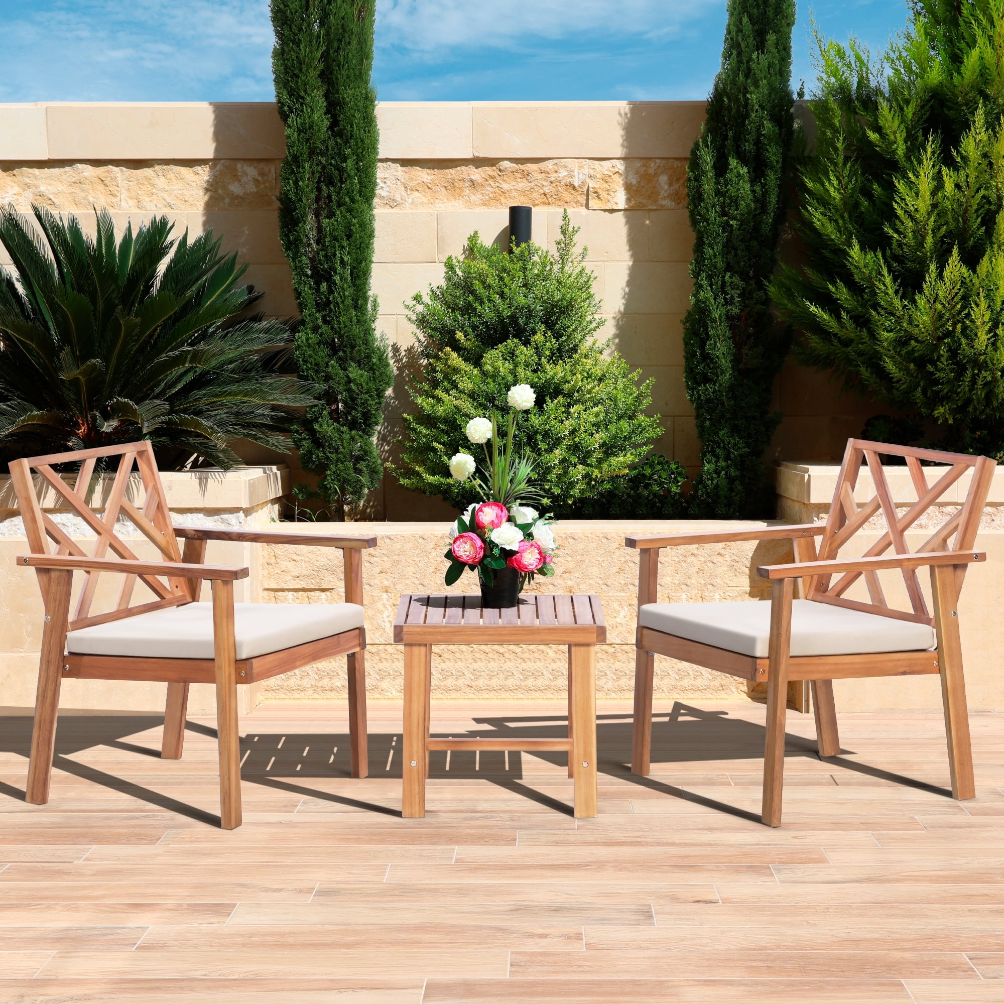 Werph 3 Piece Outdoor Patio Furniture Set, Wooden Conversation Patio ...