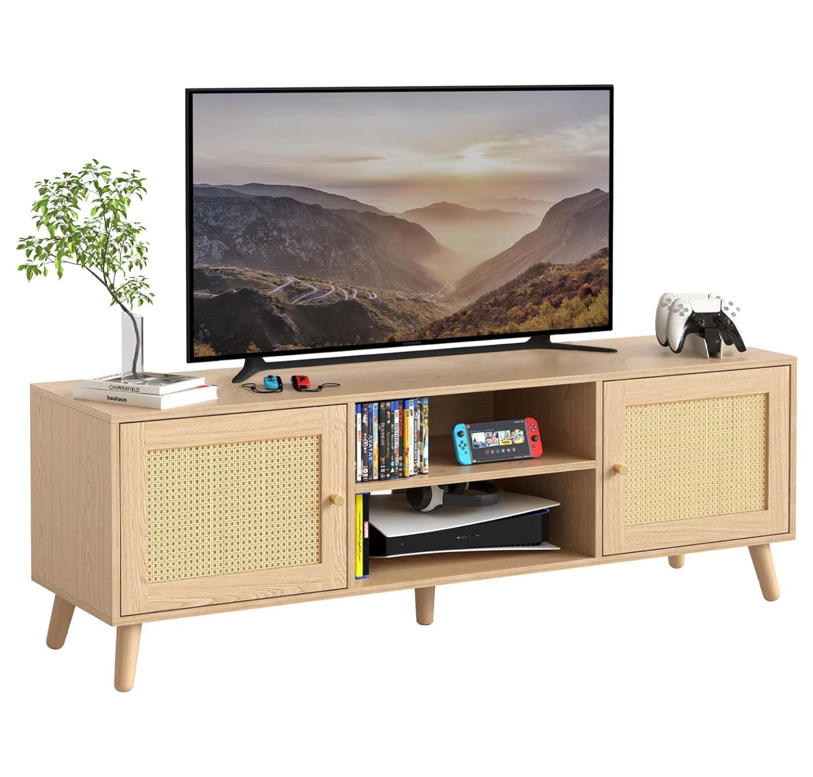 Werqueid Boho TV Stand for 65" TV with Rattan Cabinet, Living Room ...