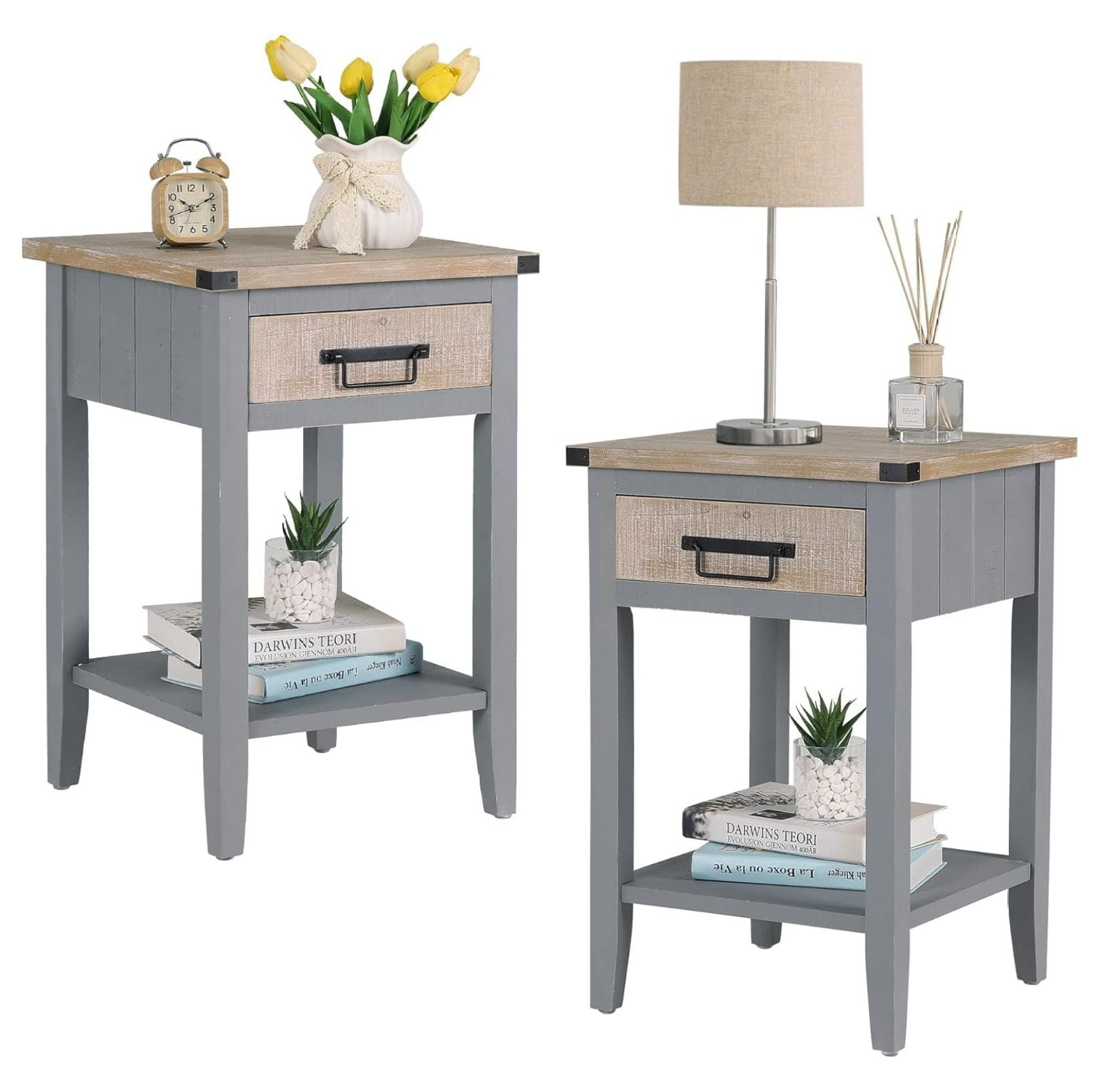 Werqueid Farmhouse Bedside Storage Table Set of 2, Nightstand End Table ...