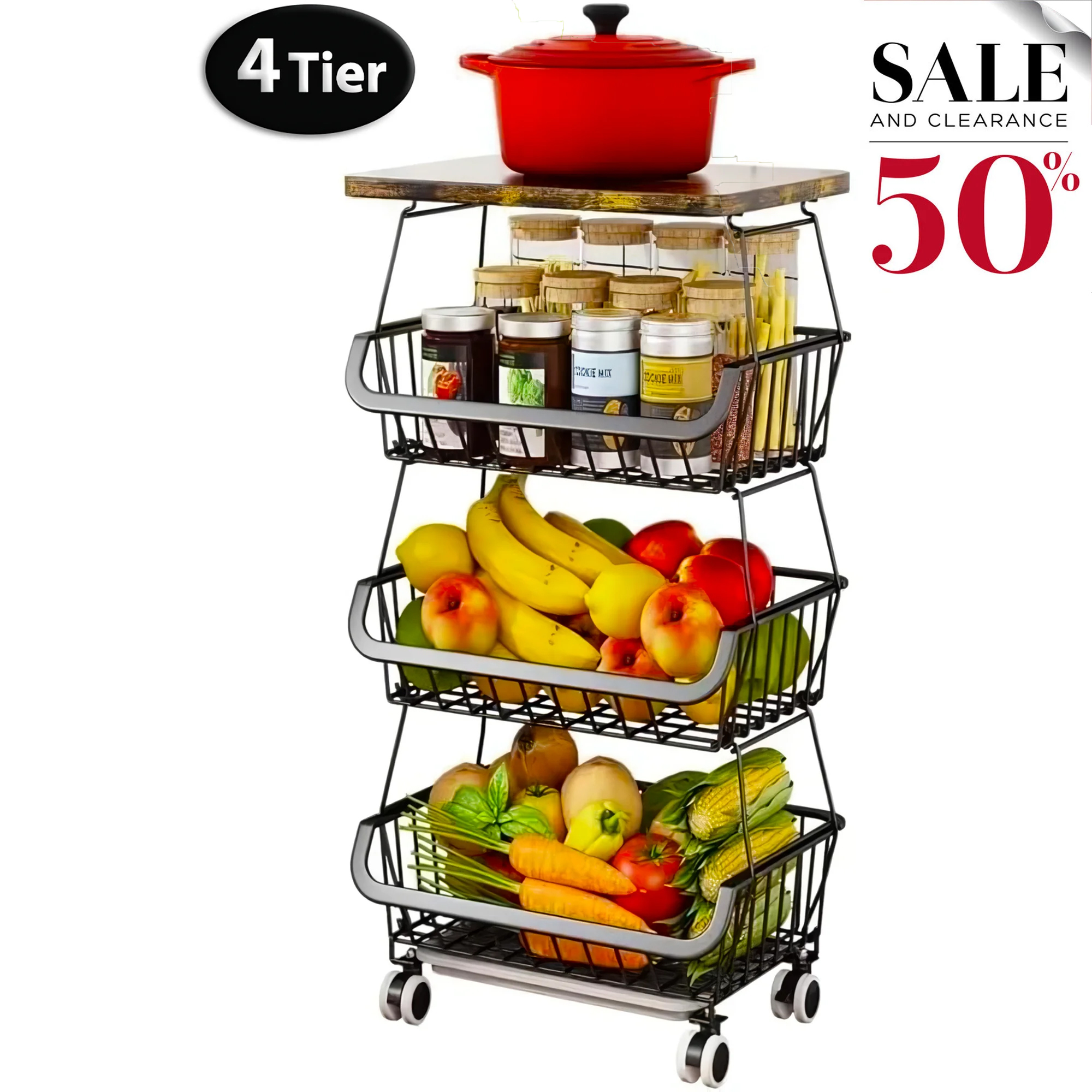 Werseon 6-Tier Fruit Basket Rack, Stackable Wire Basket Cart with Solid ...