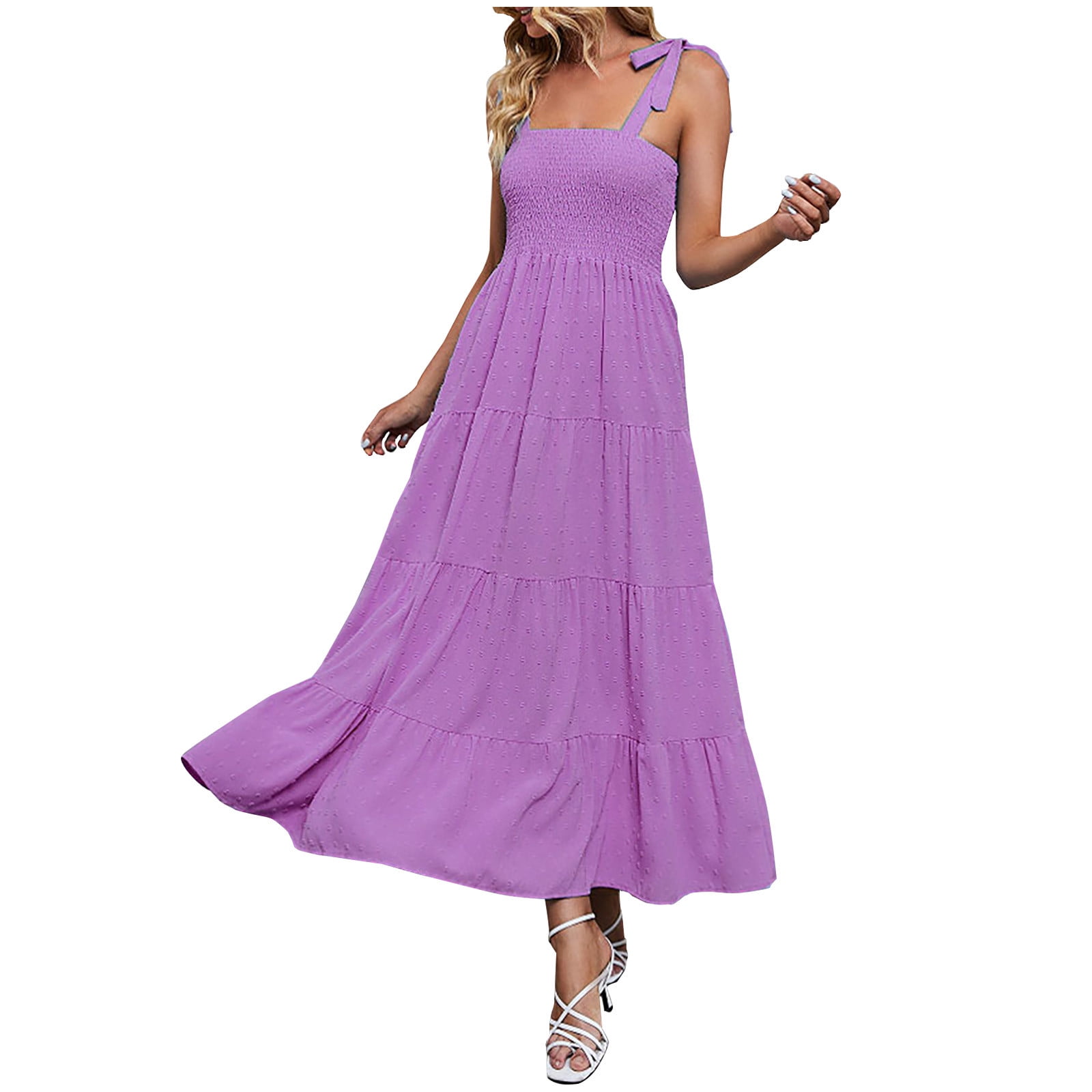 Werulen Smocked Tiered Flowy Sundresses for Women,Boho Swing Maxi Long ...