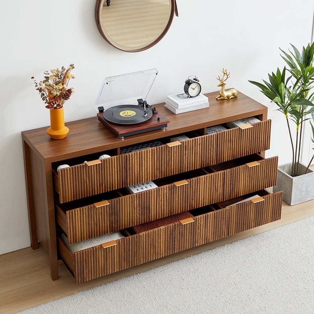 Weselon Fluted 9 Drawer Double Dresser with Storage Cabinet, Modern ...