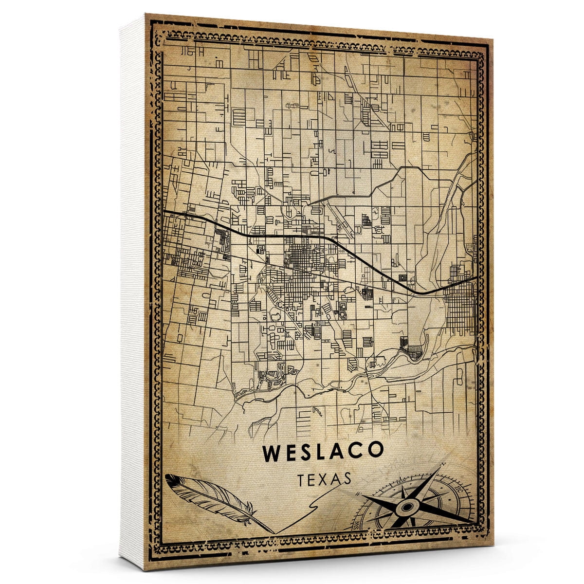Weslaco Vintage Map Prints Canvas, Texas Map Art Canvas, Canvas ...