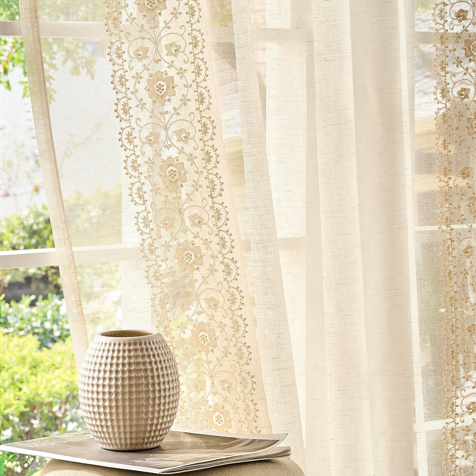 Weslie Beige Flsheer Curtafor Bedroom 63 Inch Long Embroidered Voile ...